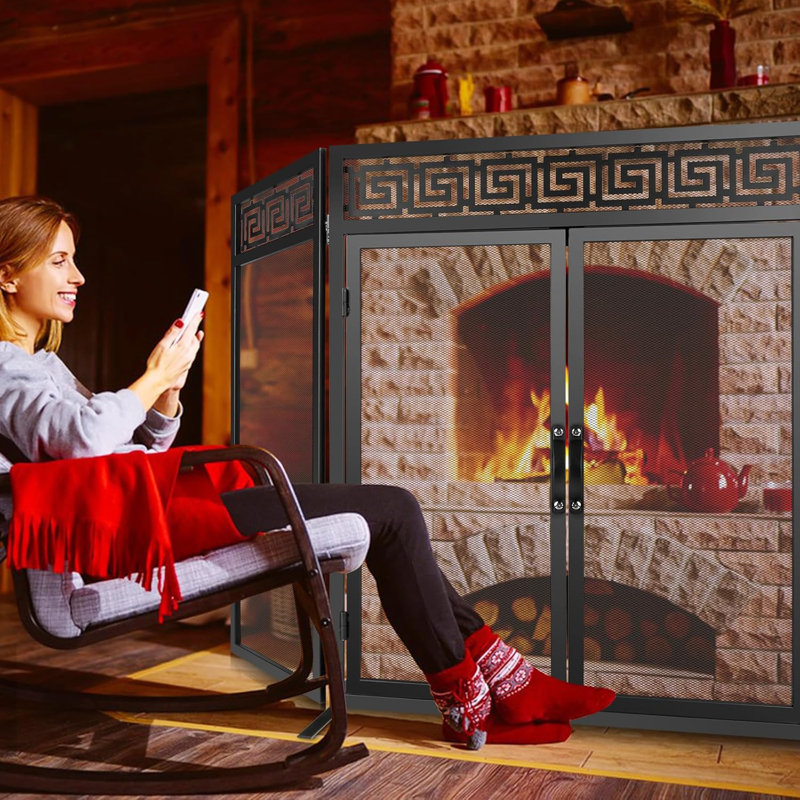 Mercer41 3 Panel Fireplace Doors With Screen Heavy-Duty Fireplace Spark ...