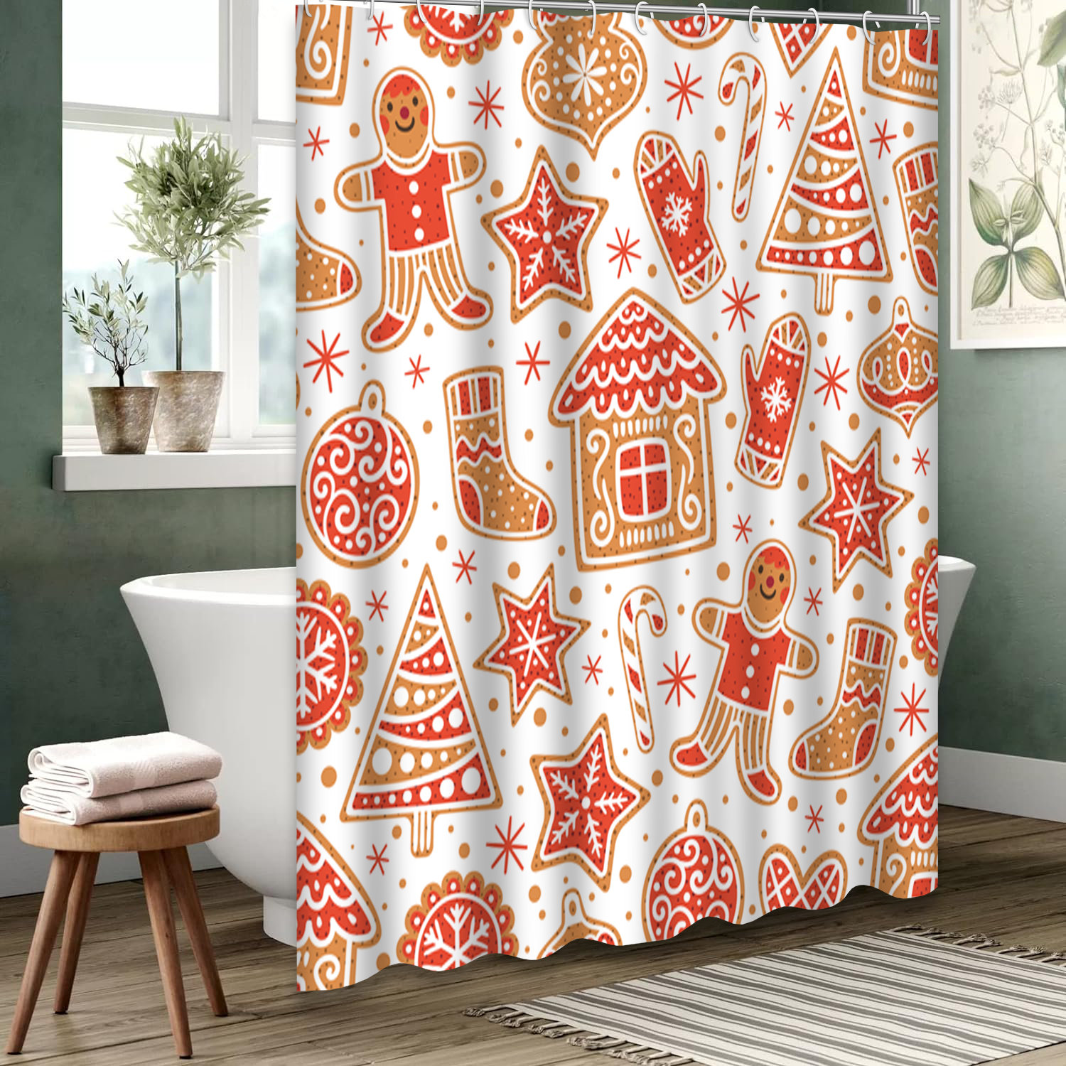 The Holiday Aisle® Gingerbread Winter Shower Curtain - Red Holiday ...