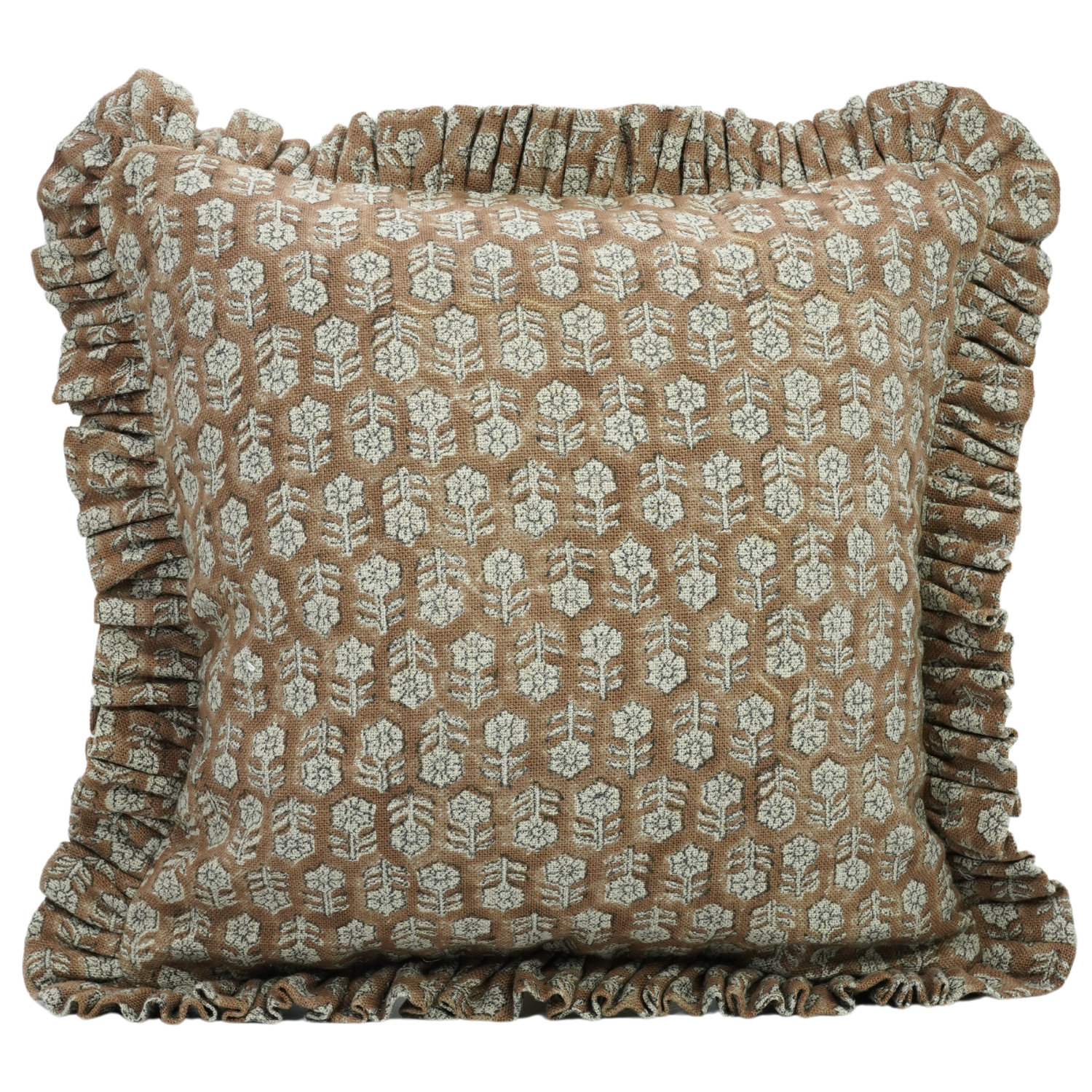 Fabdivine Ruffled Both Side Floral Print Cushion Cover, Brown, Tuisi ...