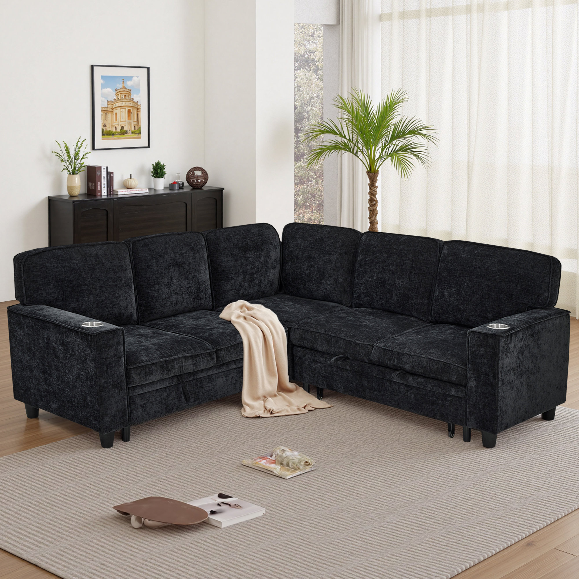 Mercer41 L-shaped Sofa With Pull Out Sofa Bed, Sleeper Sofa With Usb ...