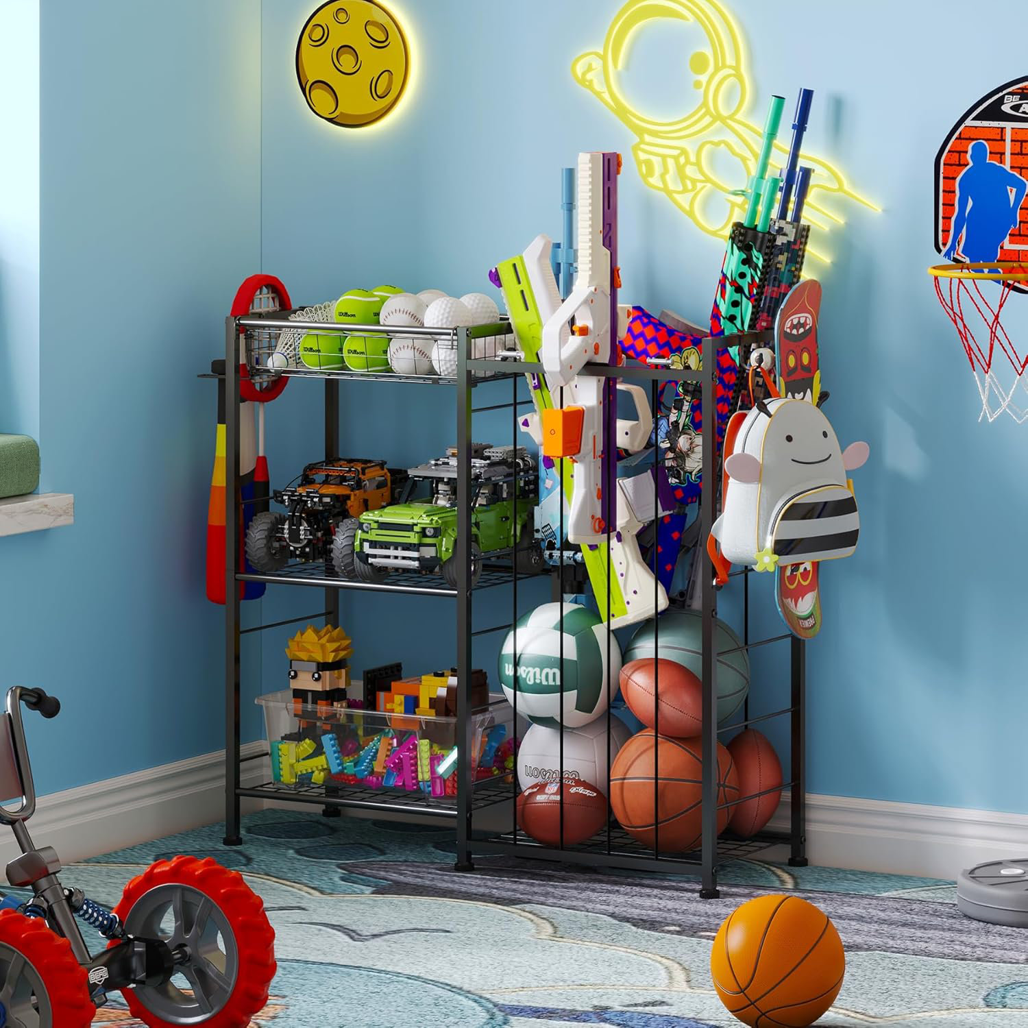 WFX Utility™ Ball Storage Rack With Elastic Straps And Removable Basket ...