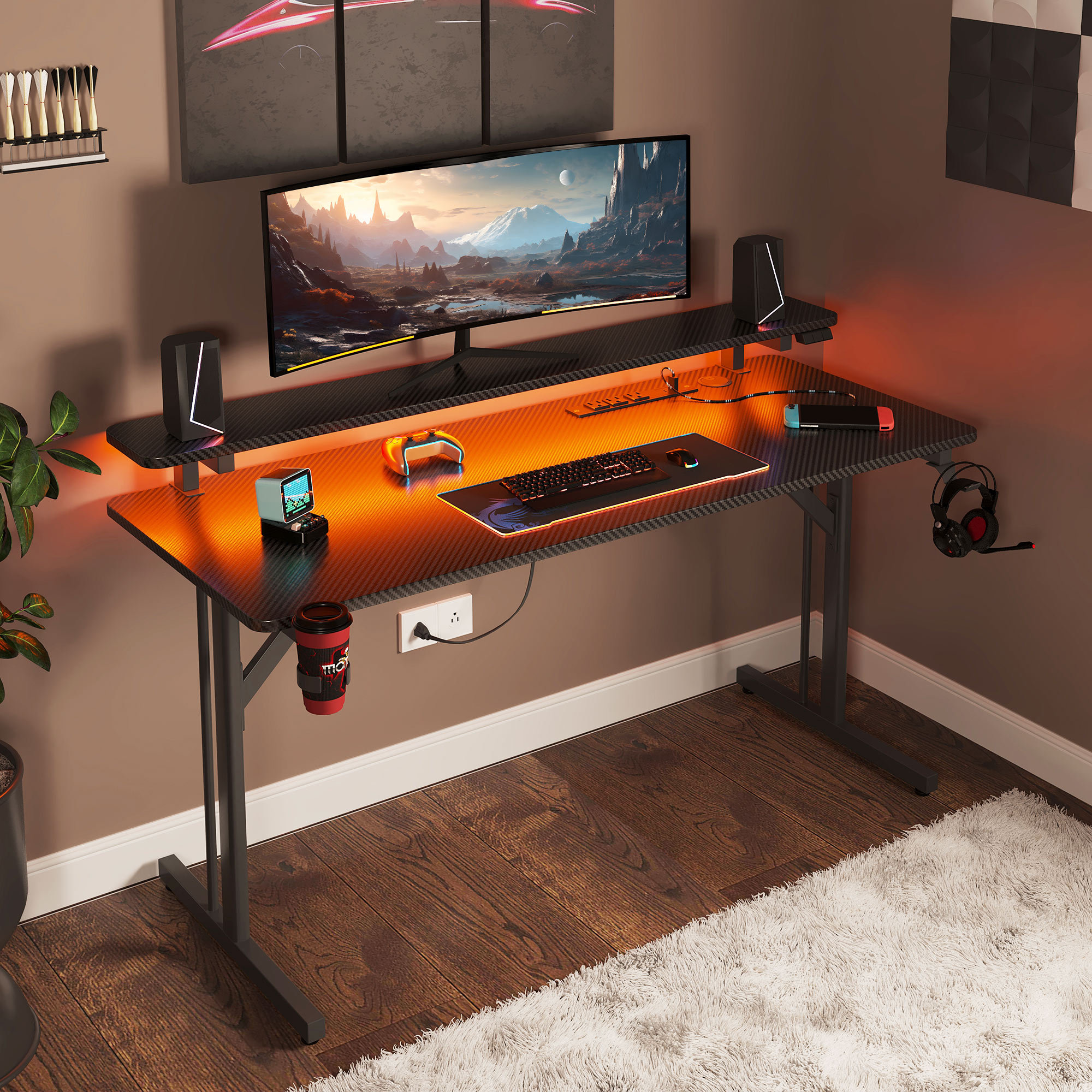 Inbox Zero Marivel Gaming Desk with LED Strips & Cup Holder, Home ...