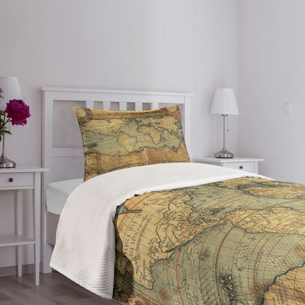 Ambesonne World Map Bedspread Set Retro Atlas Illustration Sand Brown ...