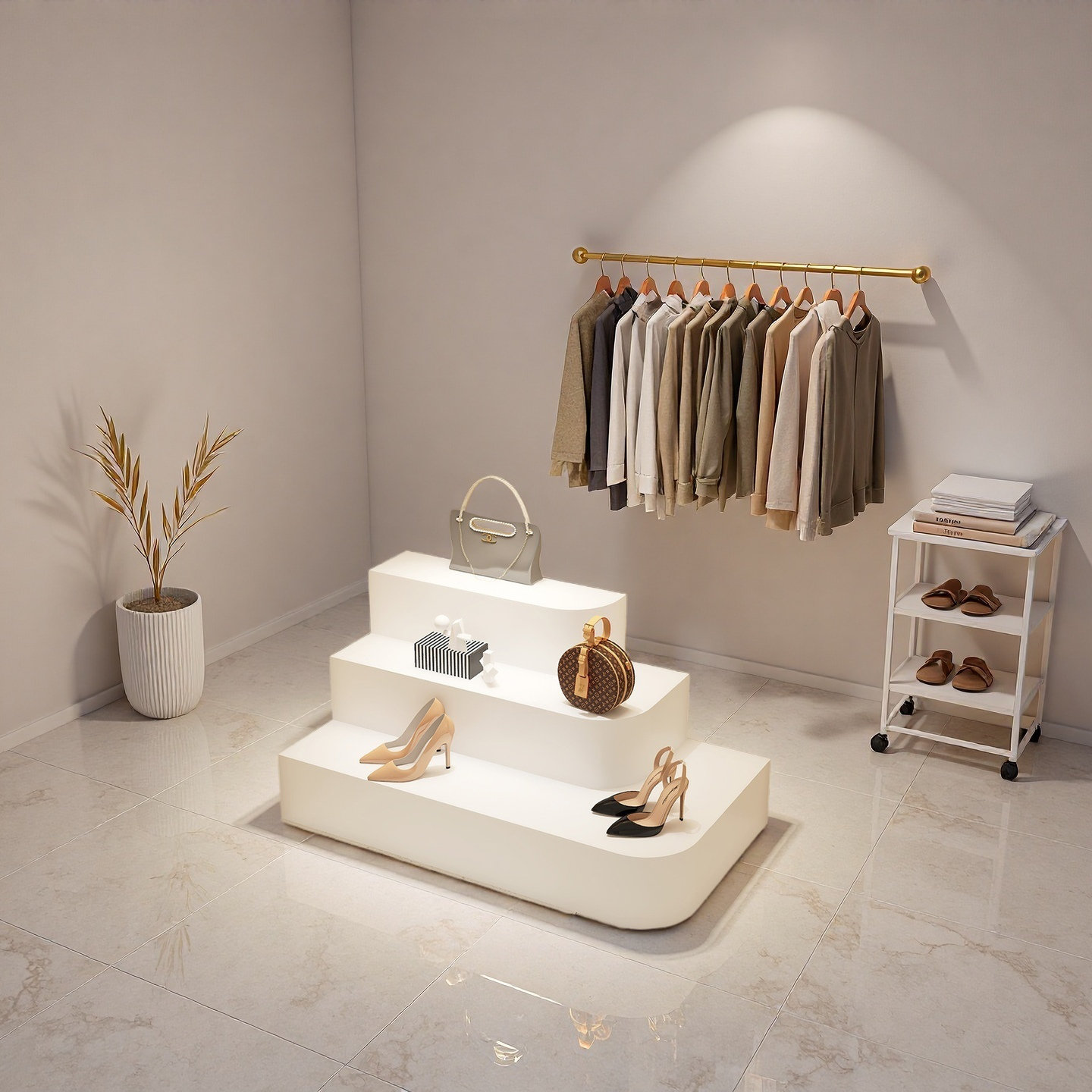 Hokku Designs Staircase-style display table in a clothing store | Wayfair