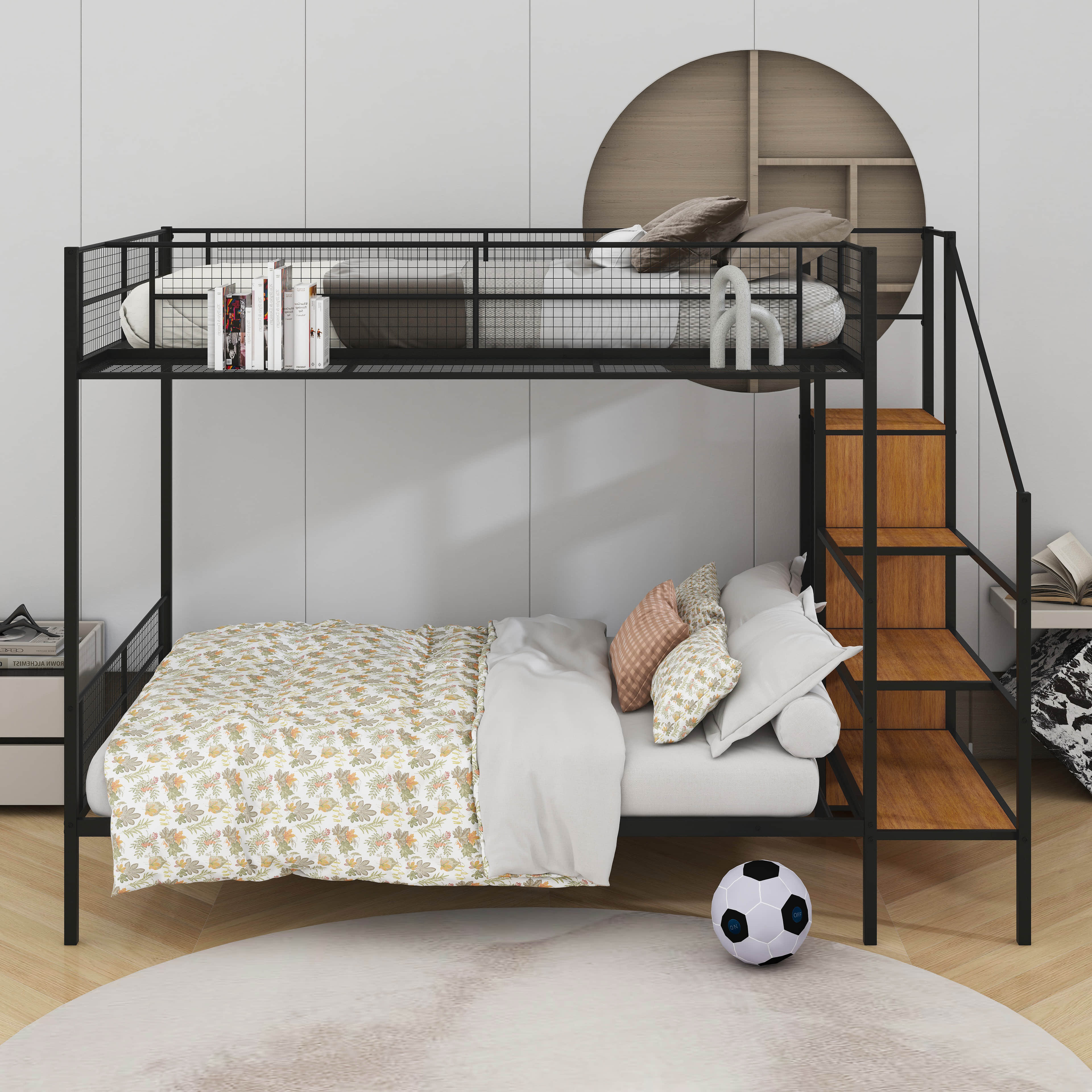 Mason & Marbles Twin Over Full Metal Bunk Bed With Wire Shelving And ...
