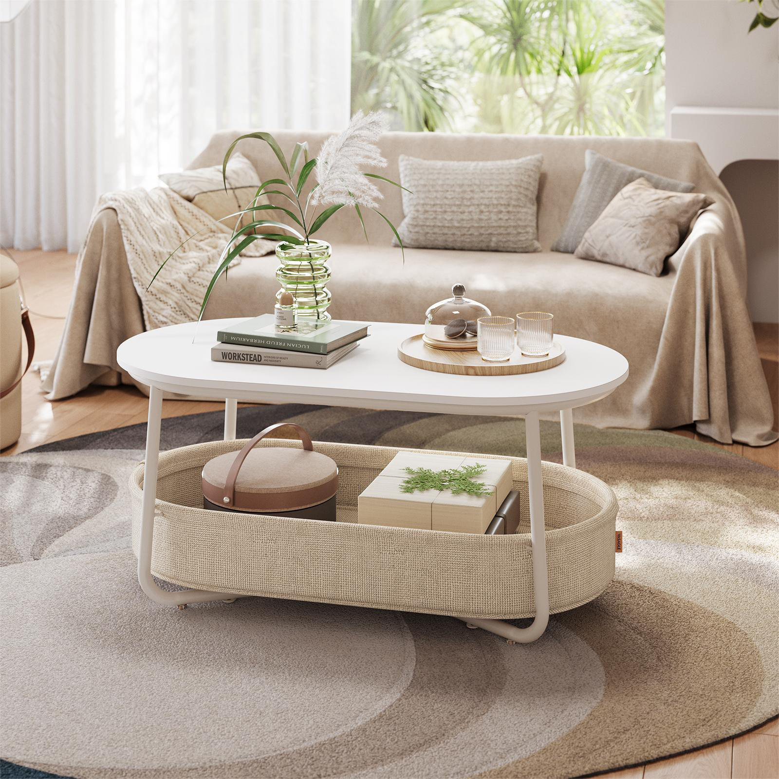 Ebern Designs Neili Floor Shelf Coffee Table with Storage Fabric Basket ...