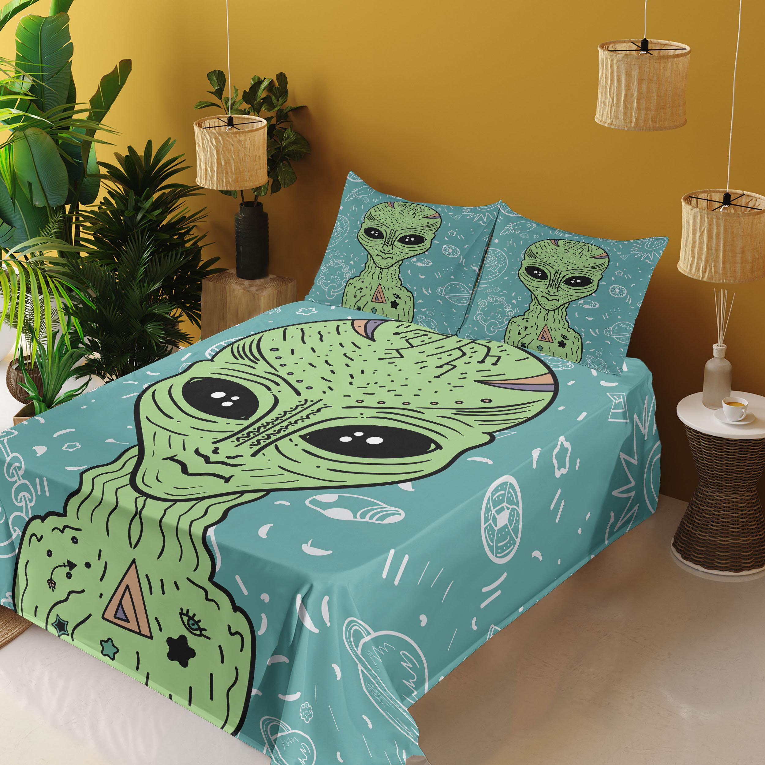 Ambesonne Alien Sheet Set Celestial Space Character Pistachio Green ...