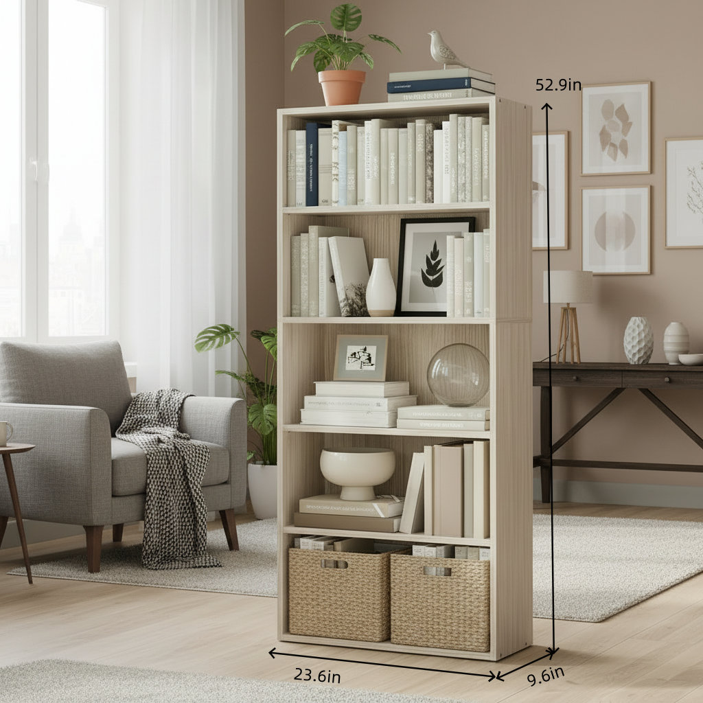 Latitude Run® Natural Walnut 5-Tier Open Bookcase, Storage For Living ...