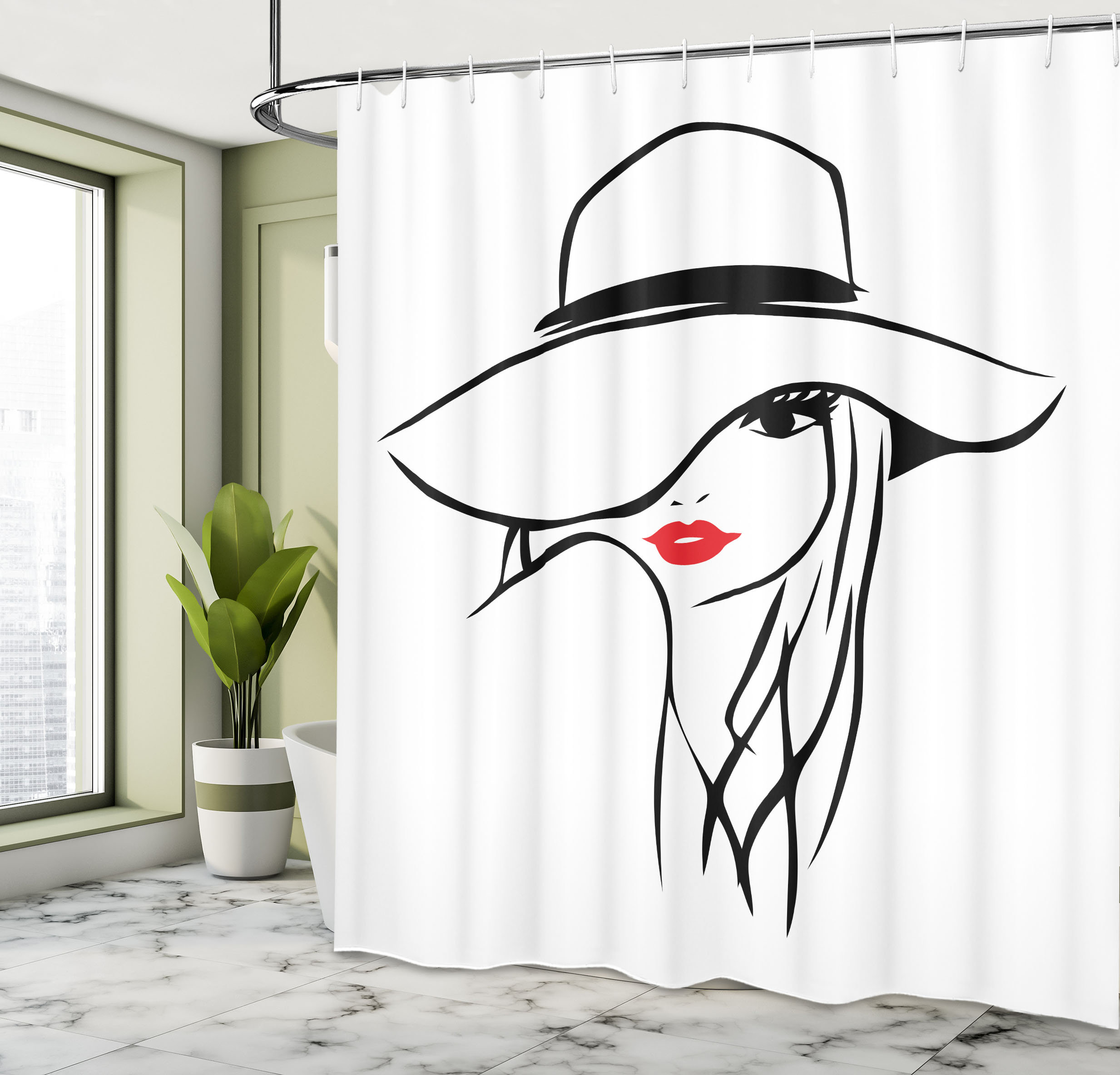 East Urban Home Lips Shower Curtain Lady Wearing a Classic Hat Art ...