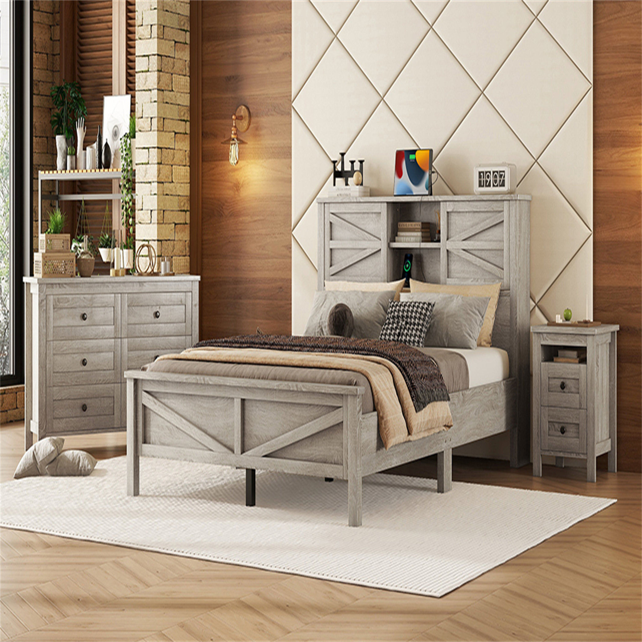 Dakota Fields 3-Pieces Bedroom Sets Queen Size Farmhouse Platform Bed ...