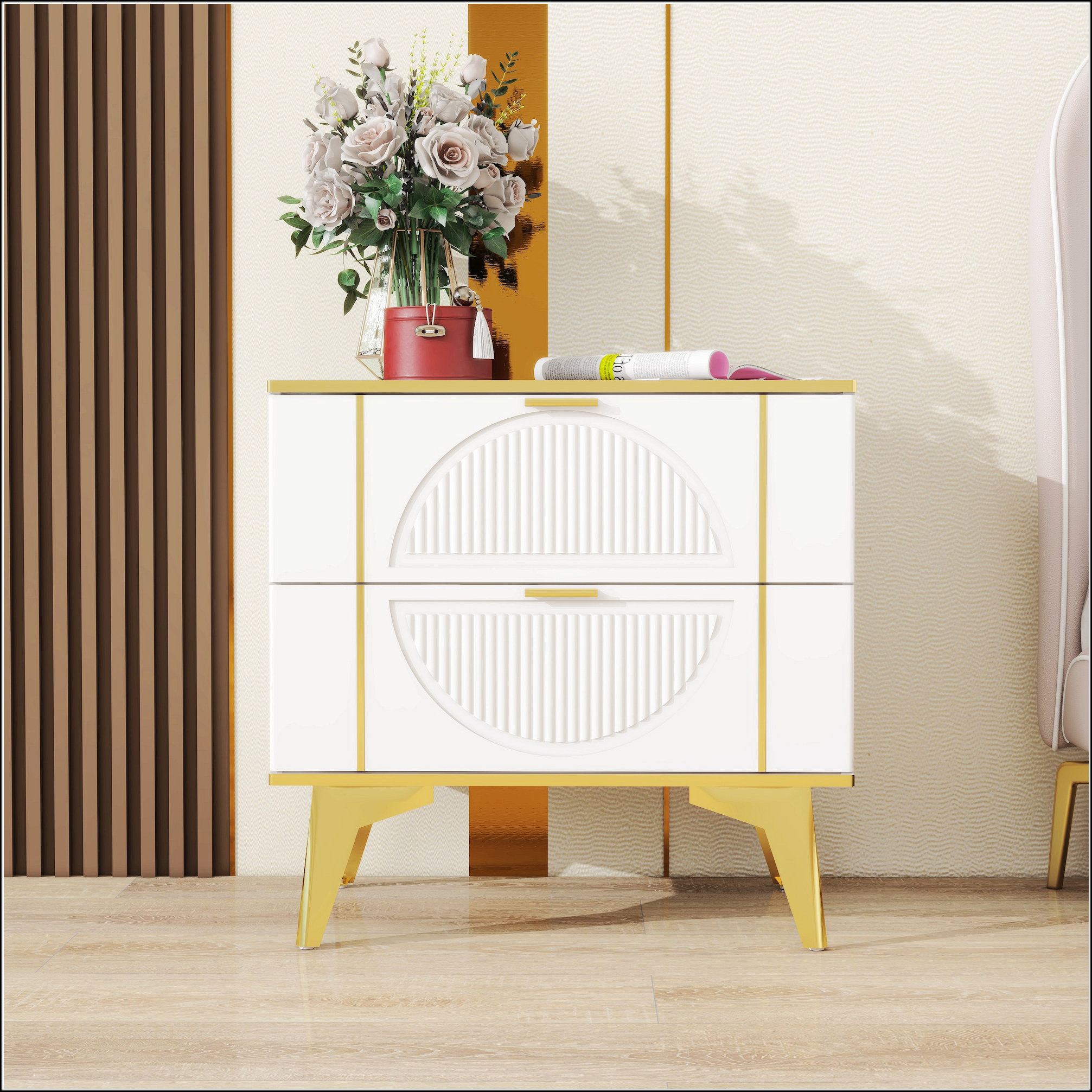 Mercer41 Two Pack White 2 Drawer Round Card Gold Bar Blister Nightstand ...
