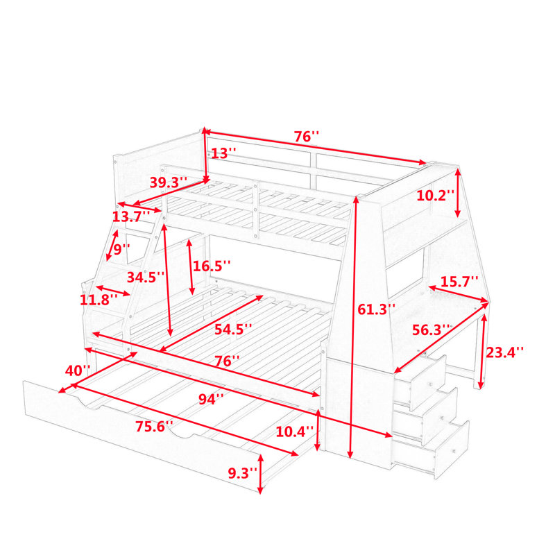 Harriet Bee Fareha Twin Over Full 3 Drawer Standard Bunk Bed with Built ...
