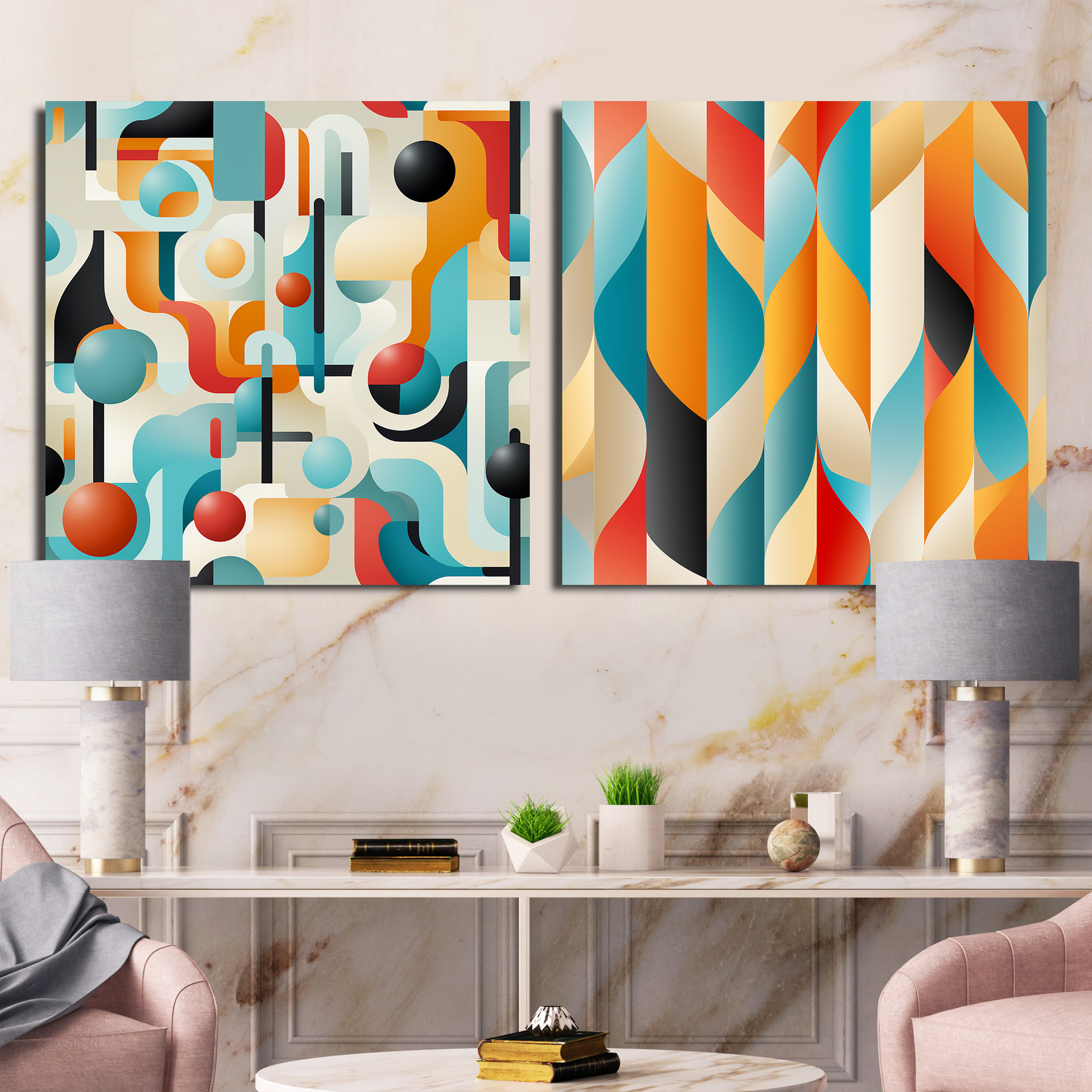 Design Art Orange Turquoise Retro Revival Geometric - Abstract Collages ...