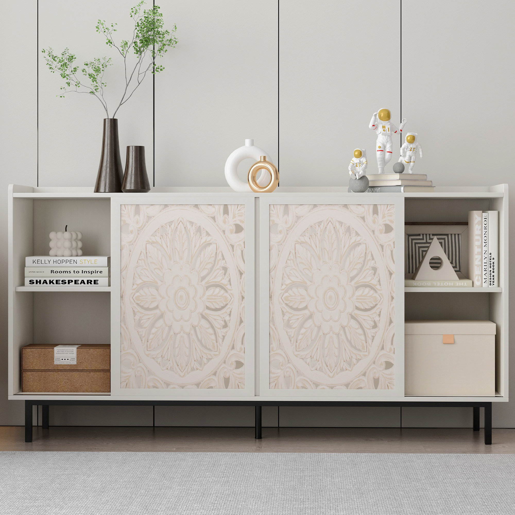 House of Hampton® 58.6''L Mid Century Sideboard Cabinet With 2 Openwork Doors, Farmhouse Wood ...