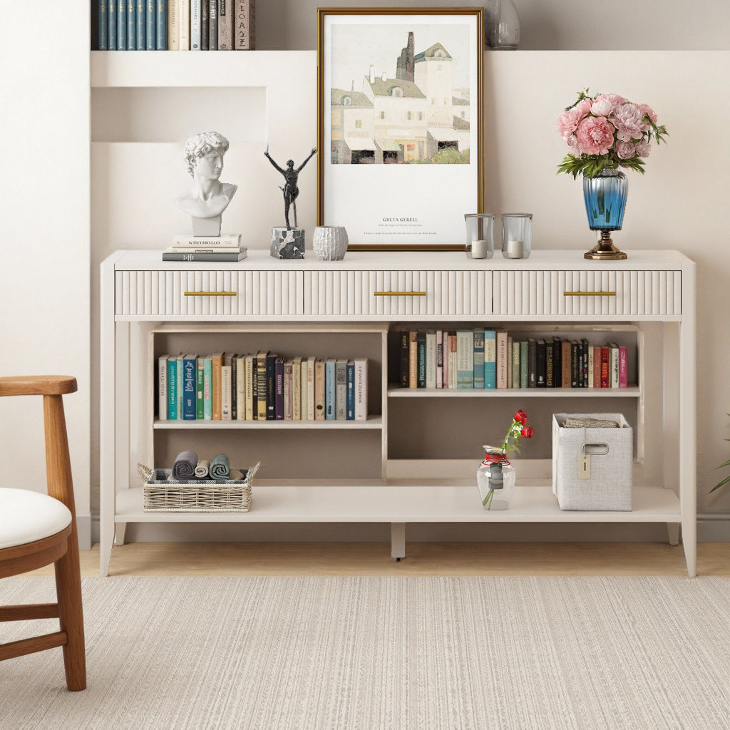 Hokku Designs 60" Farmhouse Console Table with Wavy Drawers & Shelf ...