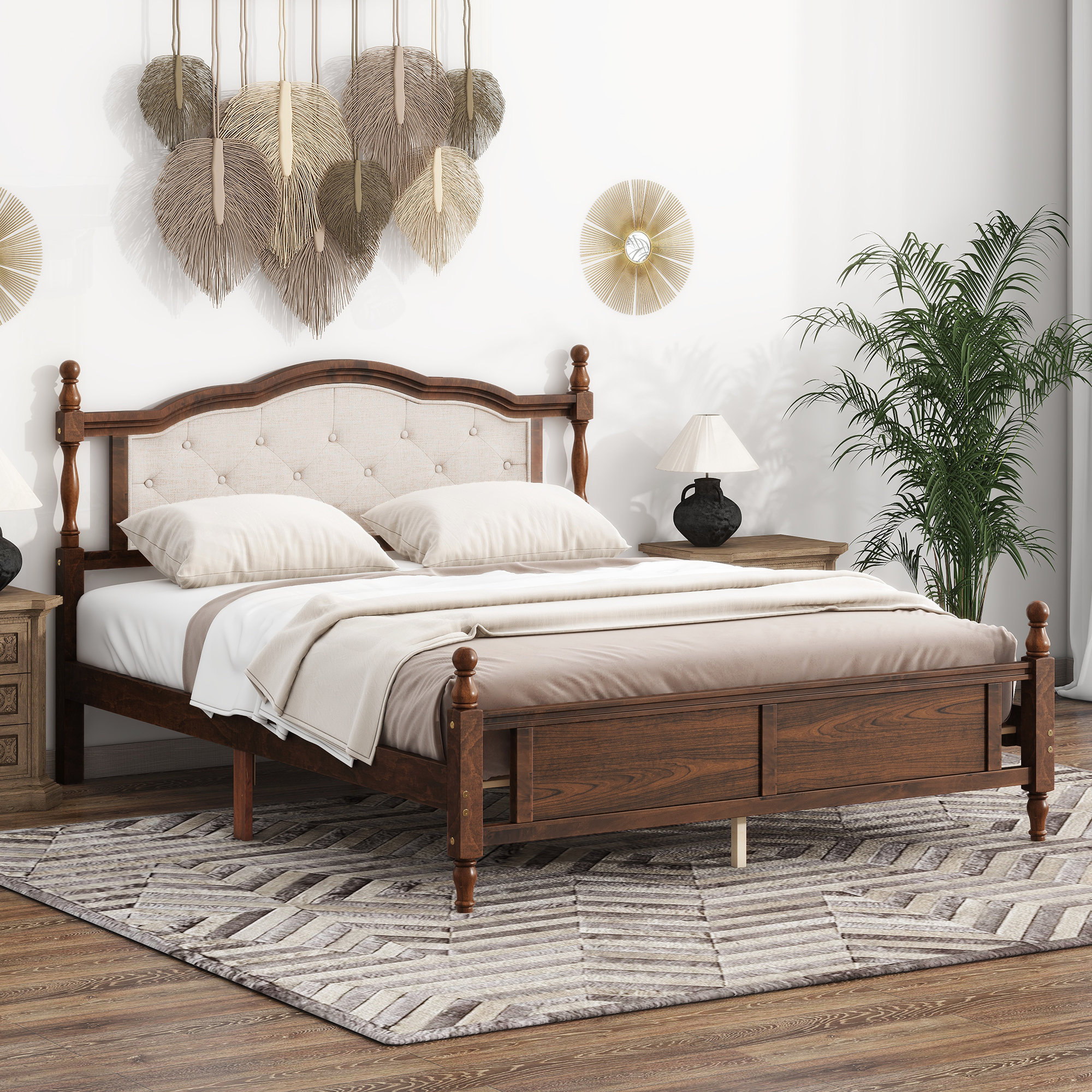 Alcott Hill Charming Queen Pine Wooden Bed with Stylish Headboard and Practical Support ...