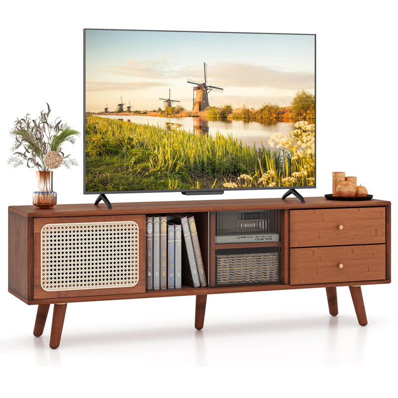 George Oliver Bamboo Tv Stand Console Table With Pe Rattan Door & 2 ...