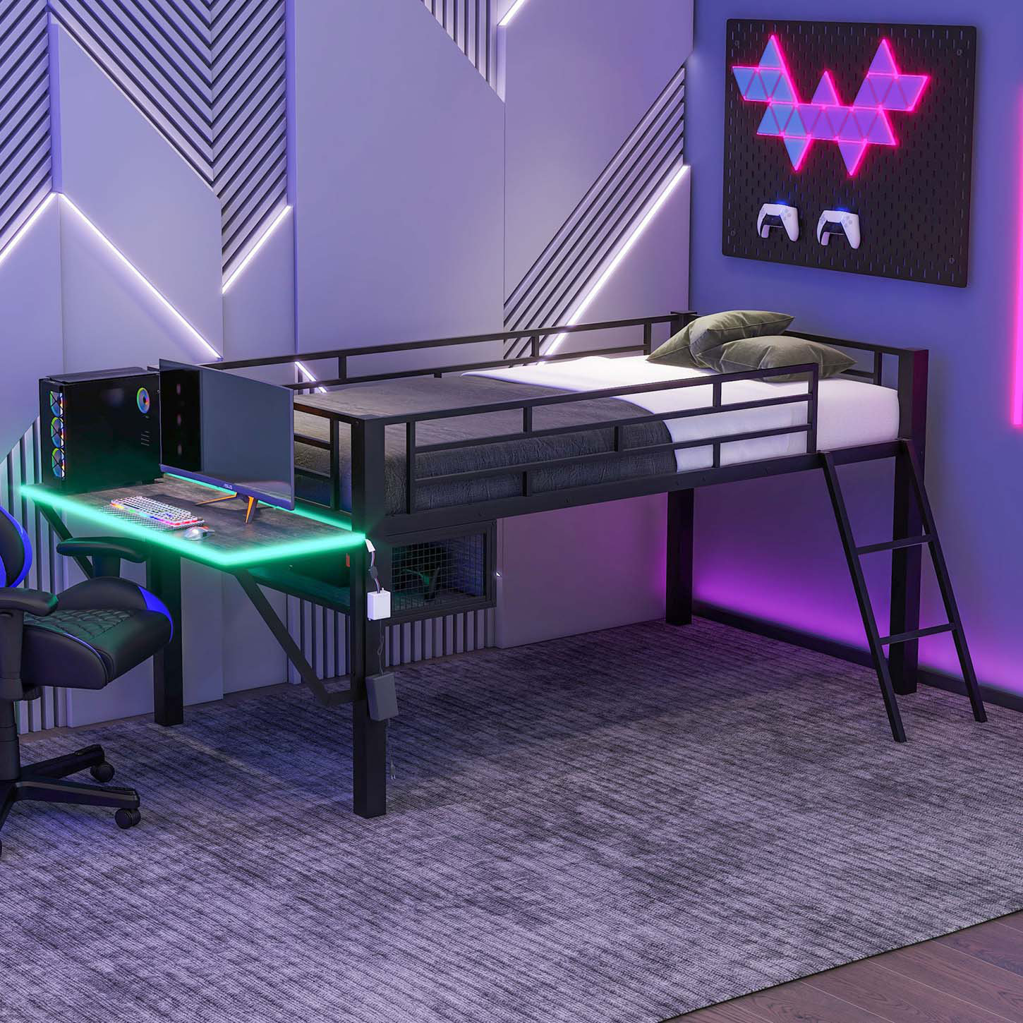 Isabelle & Max™ Gaming Mid Loft Bed With Desk And Led | Wayfair