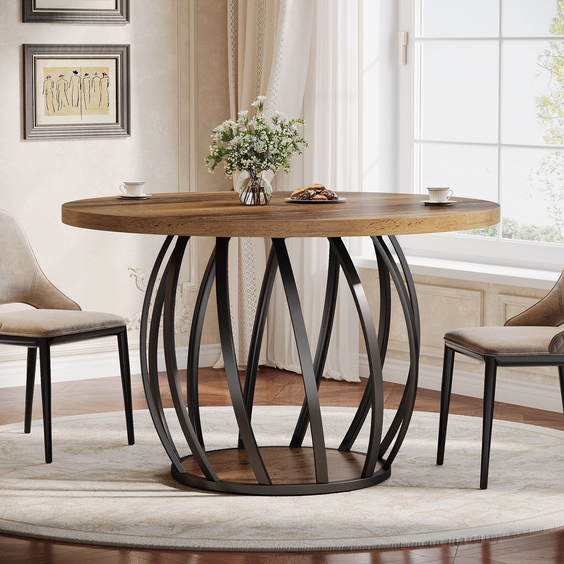 17 Stories 46-inch Round Dining Table For 4, Farmhouse Dinner Table ...