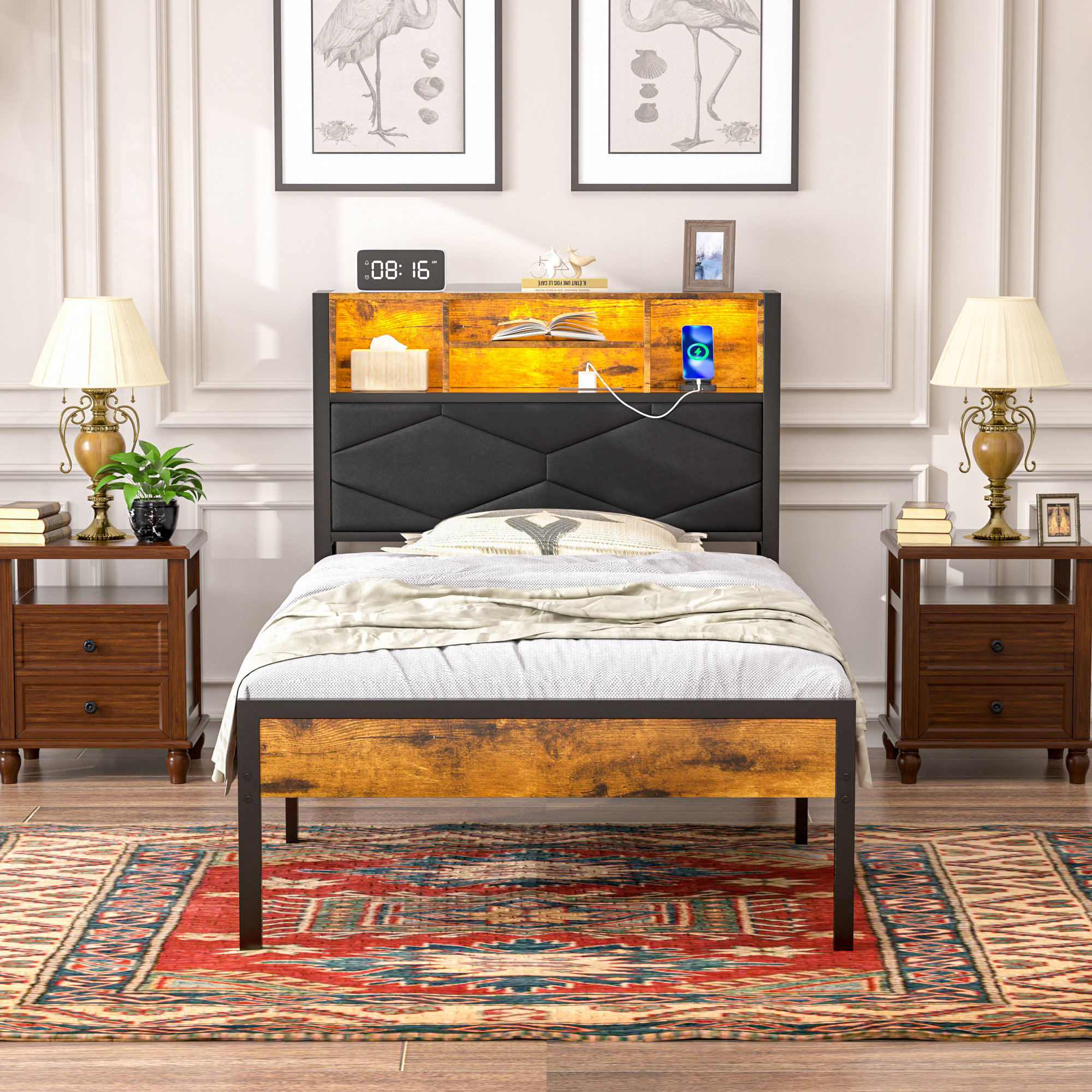 17 Stories Set Of 2 Twin Size LED Light Bed Frame With Upholstered ...