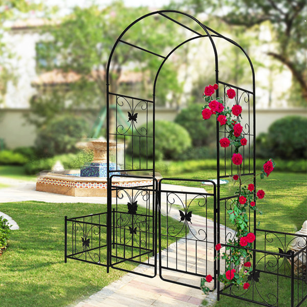 iYofe 86"H Metal Garden Arch with Doors & Planters, Climbing Plants ...