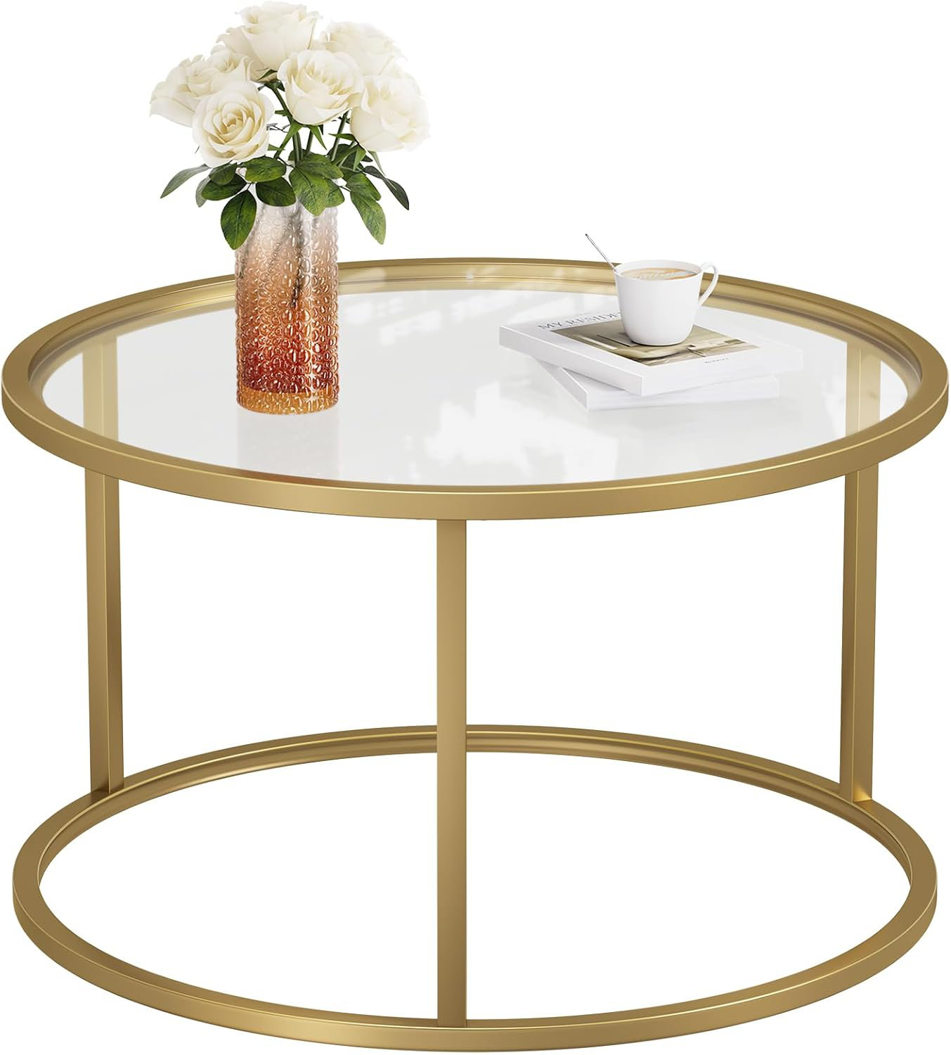 Mercer41 Modern Round Glass Coffee Table With Gold Frame For Living ...