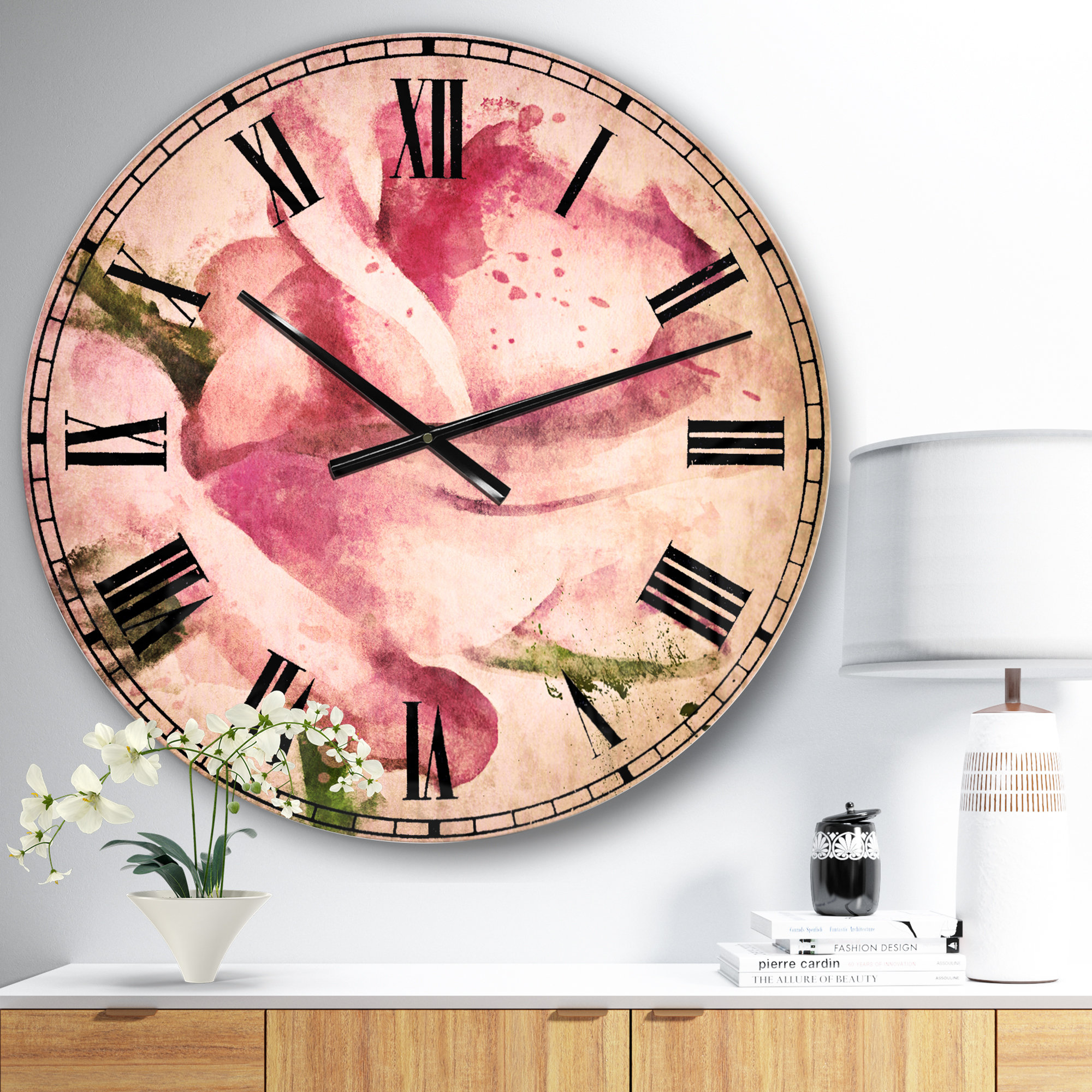 East Urban Home Pink Rose Drawing Watercolor - Traditional wall clock ...