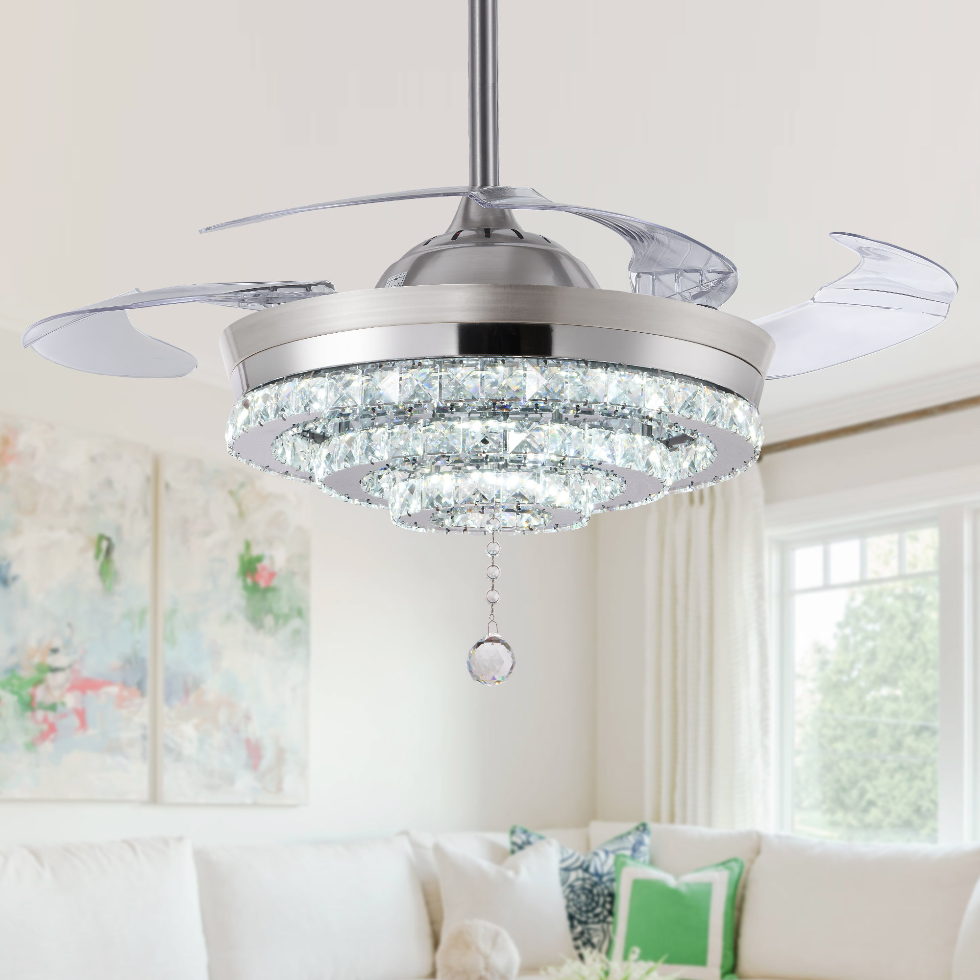Rosdorf Park 42" 4 - Blade Retractable Blade Crystal Ceiling Fan With ...