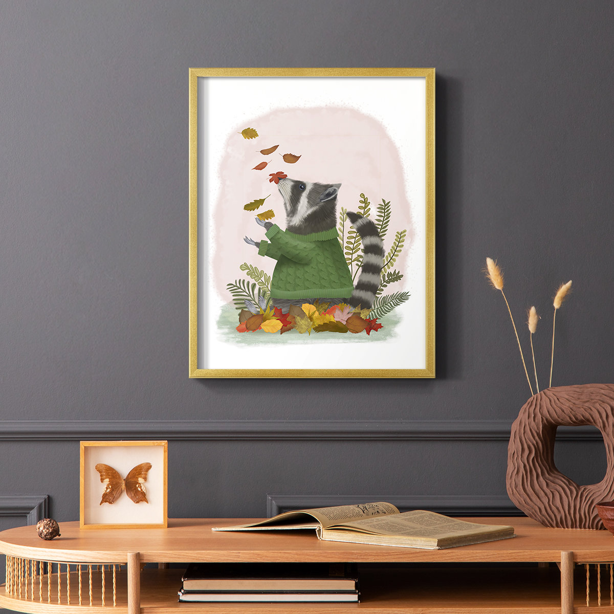 Trinx Raccoon Catching Leaves Framed Print - Solid Wood | Wayfair