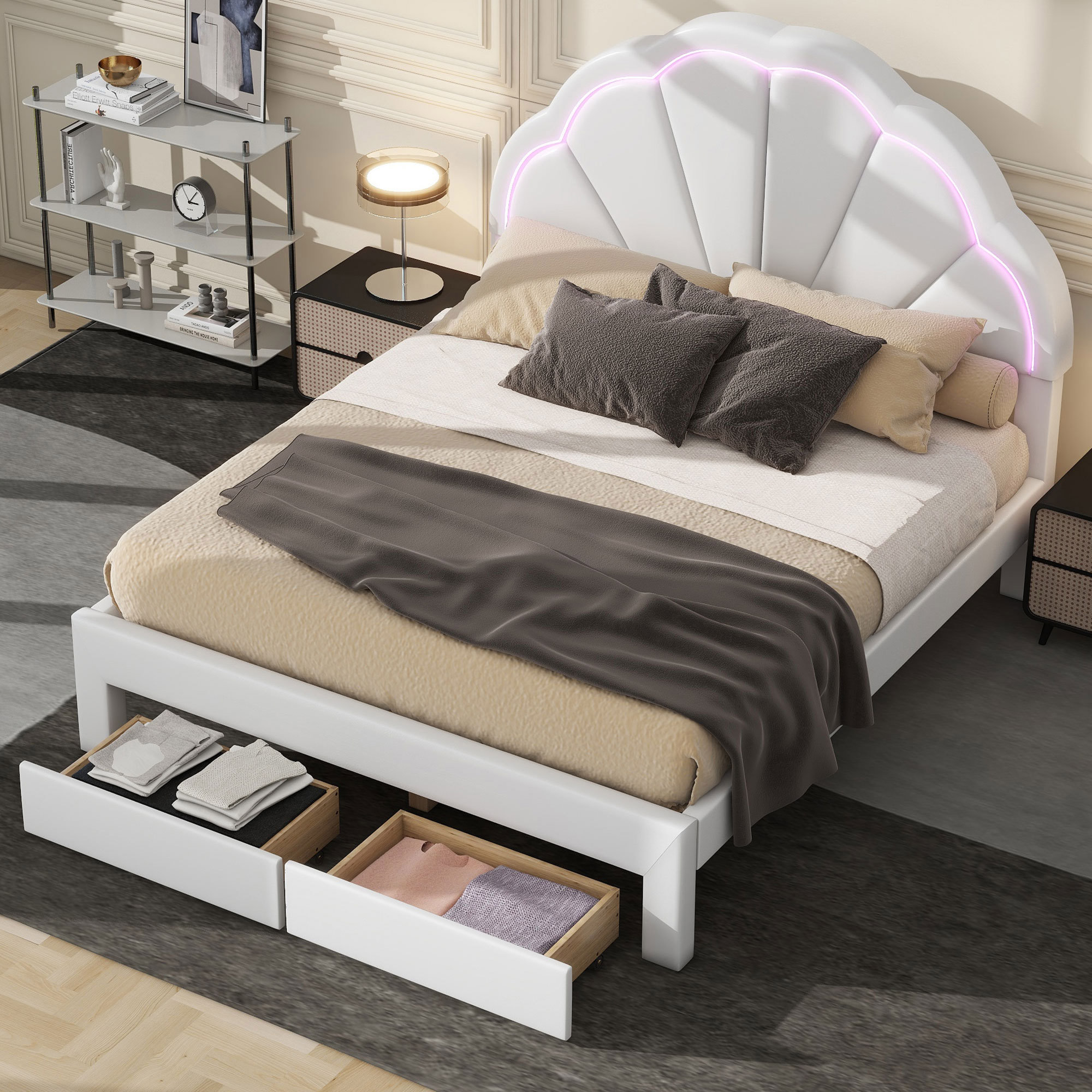 Mercer41 Upholstered Platform Bed With Seashell Shaped Headboard | Wayfair