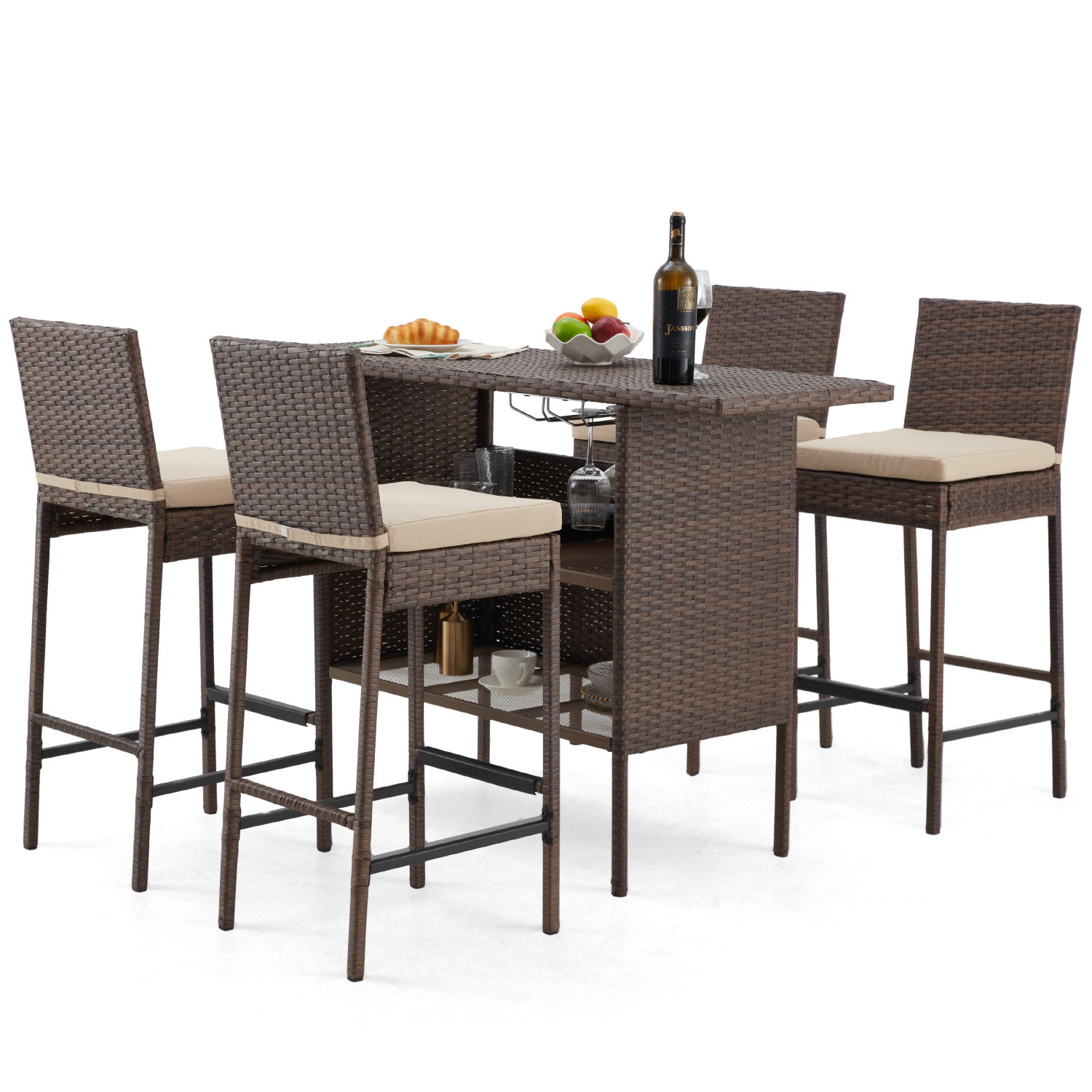 Arlmont & Co. Wicker Bar Set with 4 Stools & Outdoor Bar Table ...