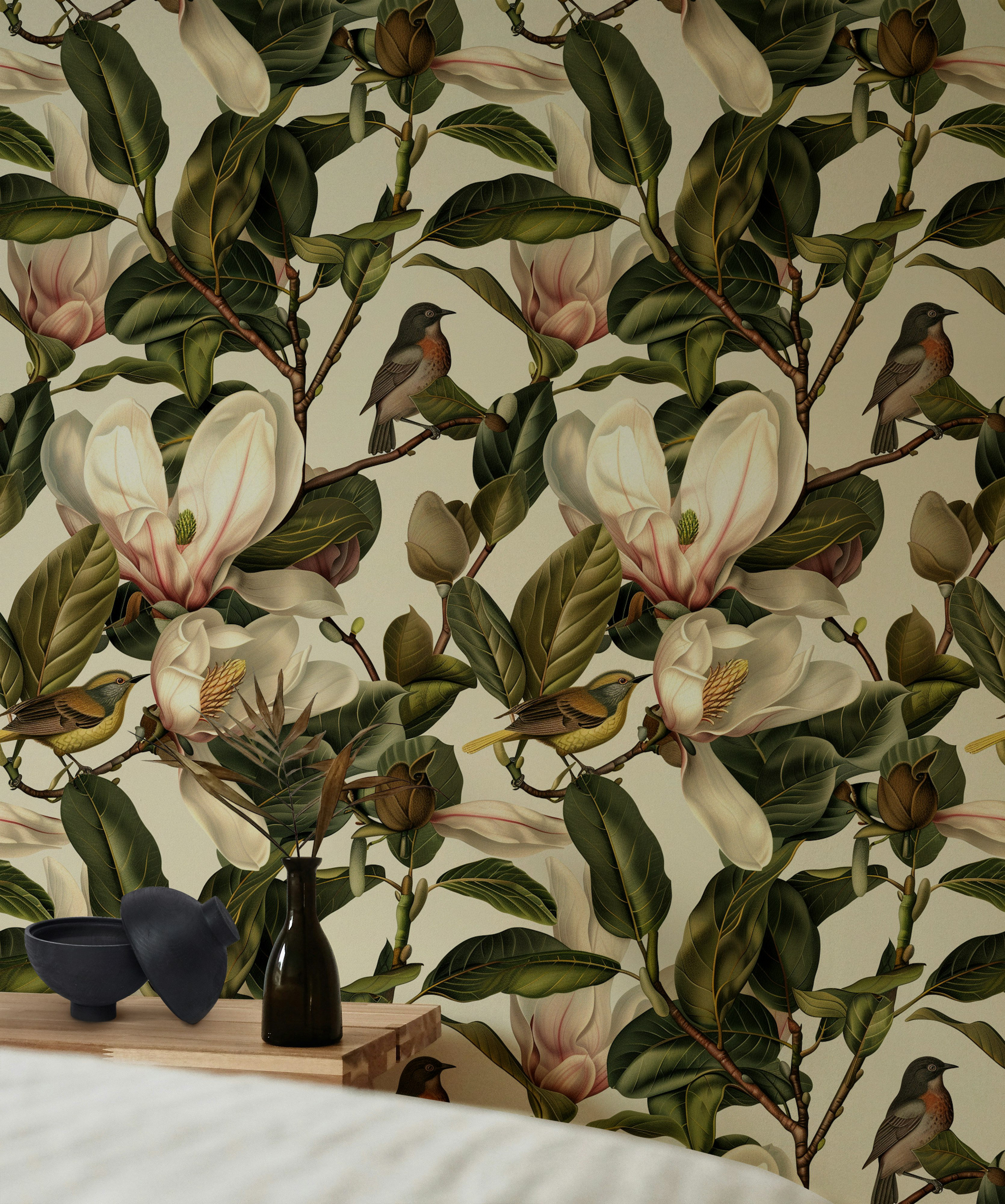 Lark Manor™ Magnolia Floral Wallpaper Bryelle Peel & Stick Birds and ...