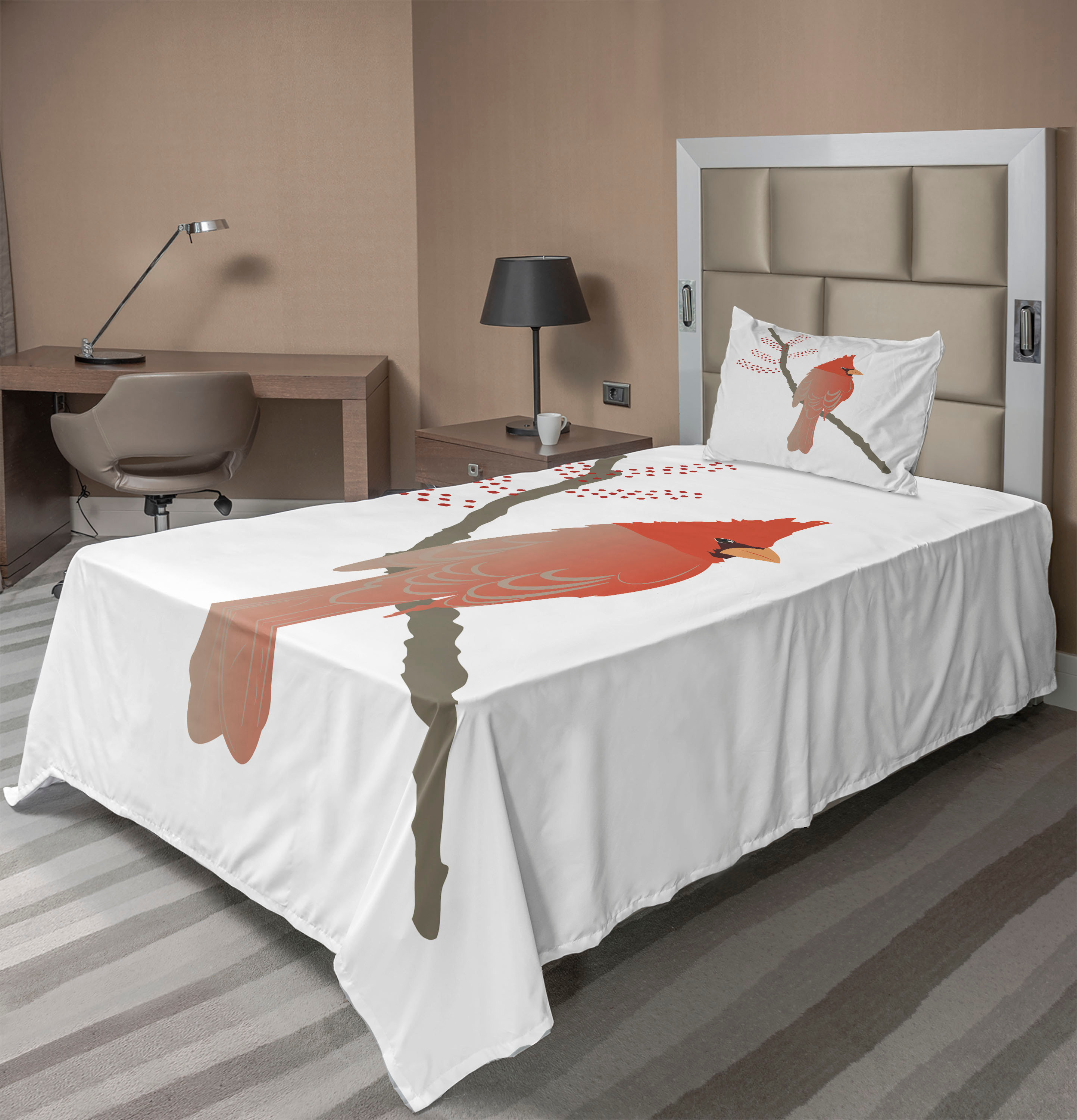 Ambesonne Cardinal Sheet SetBird on Branch Plain Back Burnt Orange and ...