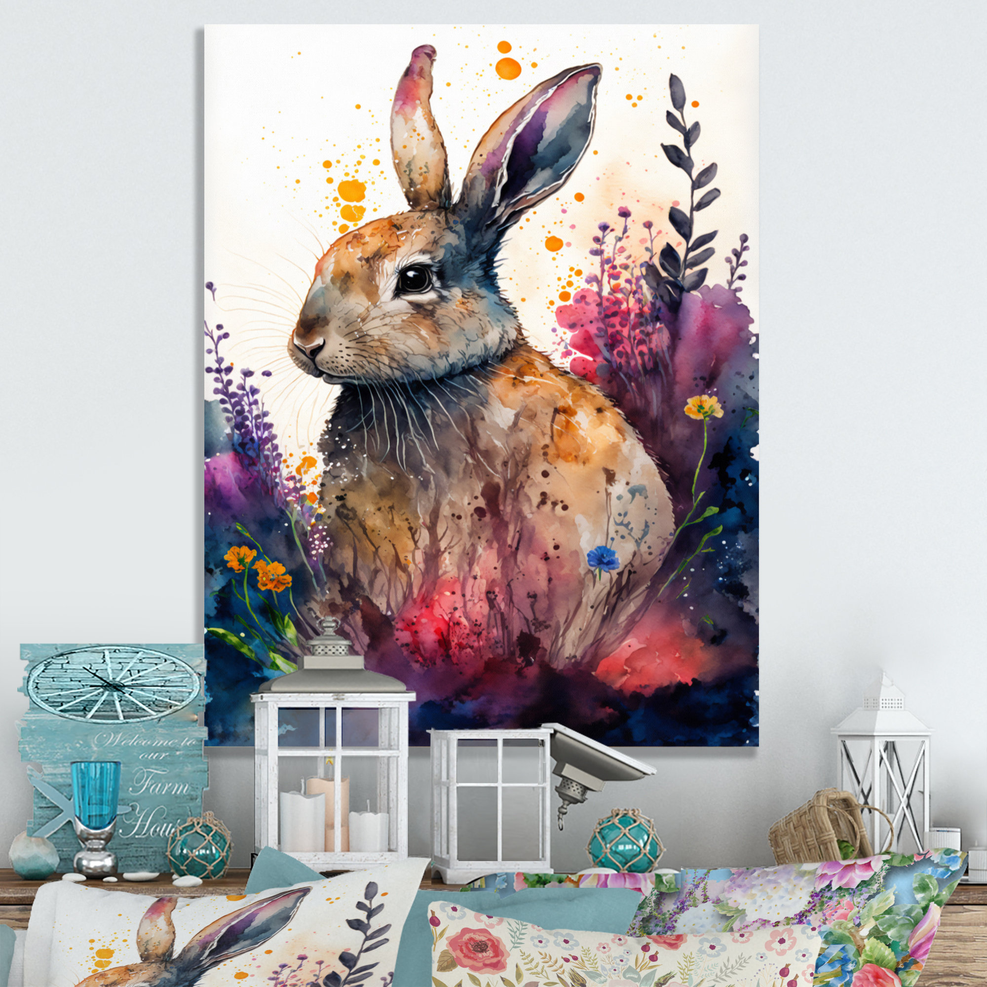 August Grove Cute Rabbit Floral Art II - Animals Canvas Wall Art ...