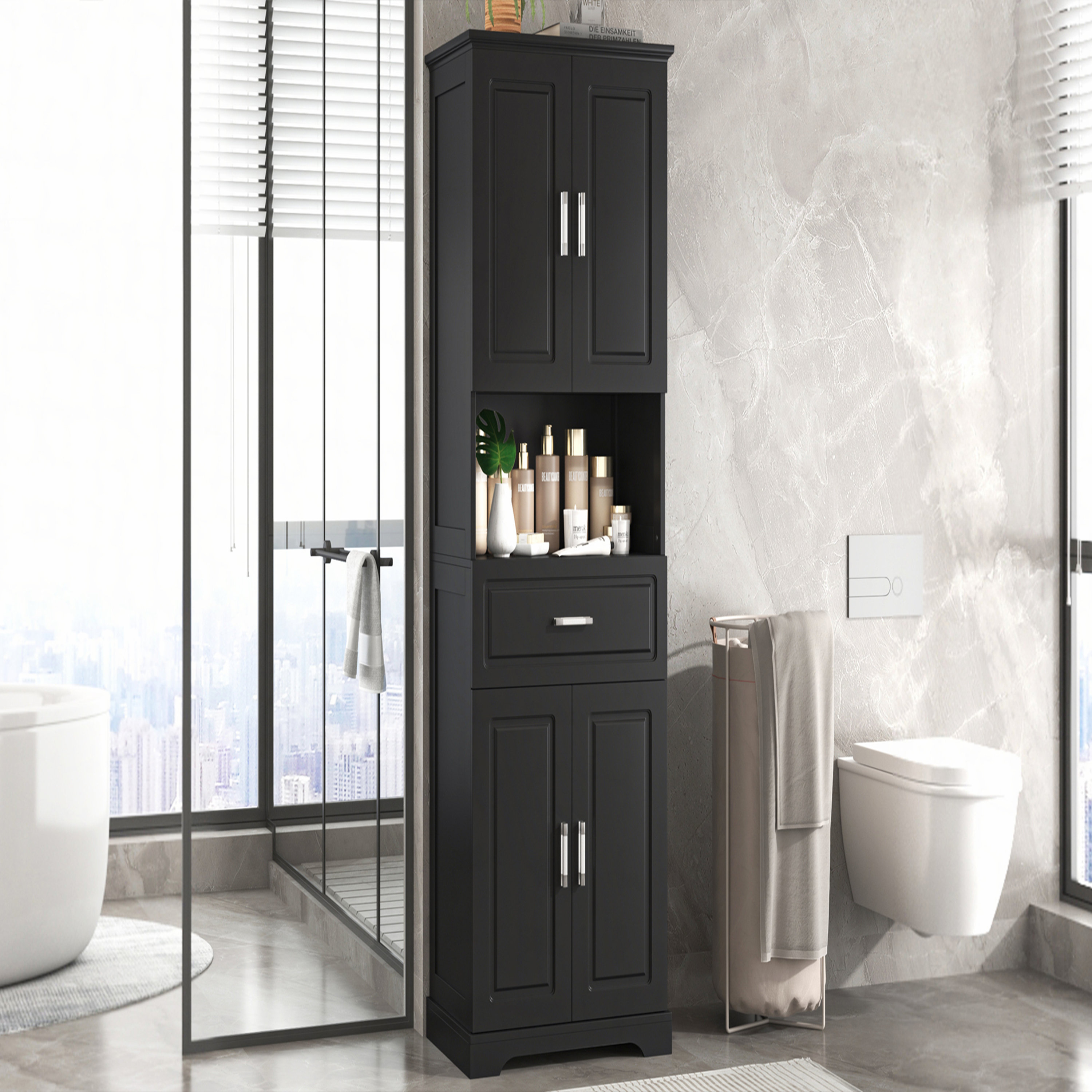 Latitude Run® Tall Bathroom Cabinet with Four Doors, Large Storage ...