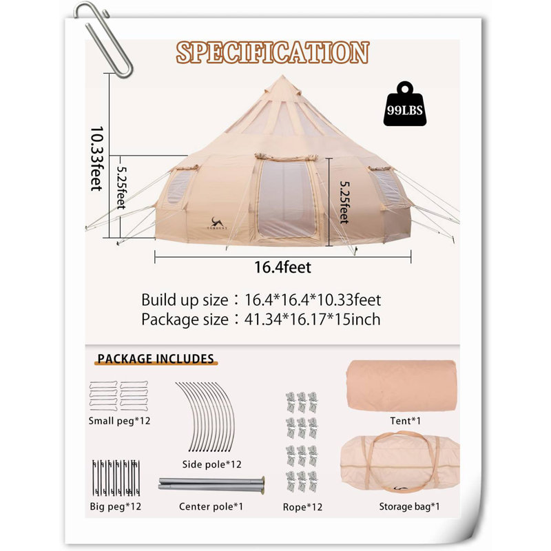 GLOBAL GIRLS LLC Canvas Tent With Stove Jack Bell Tent Yurt 16.4Ft ...