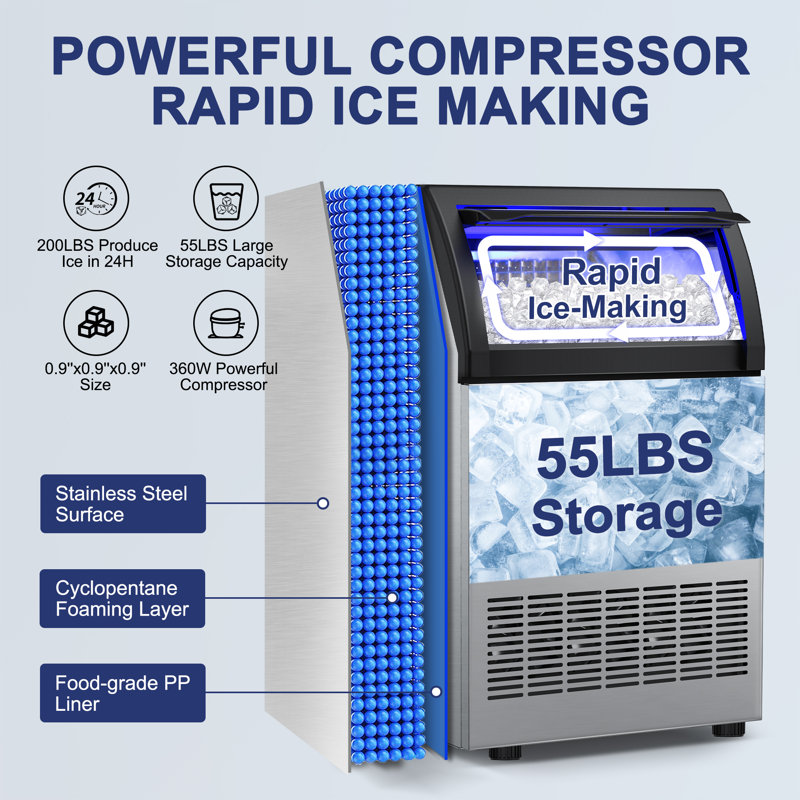 Velivi 200 Lb. Daily Production Cube Clear Ice Stainless Steel Under ...