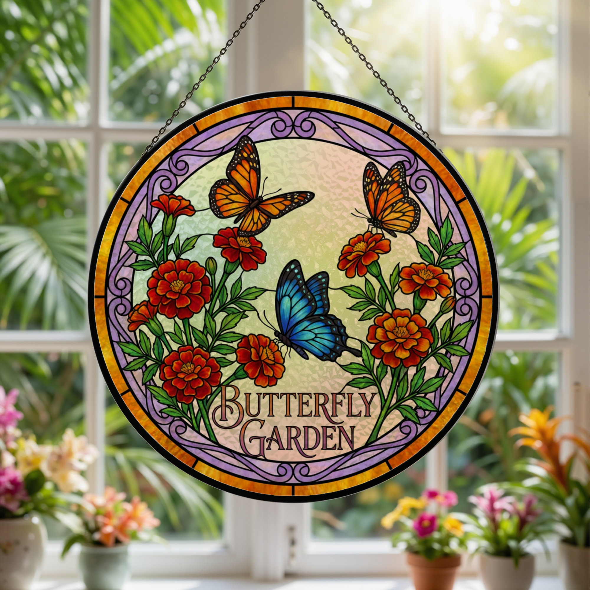 Astoria Grand 7.8"H Butterfly Garden Stained Glass Window Panel ...