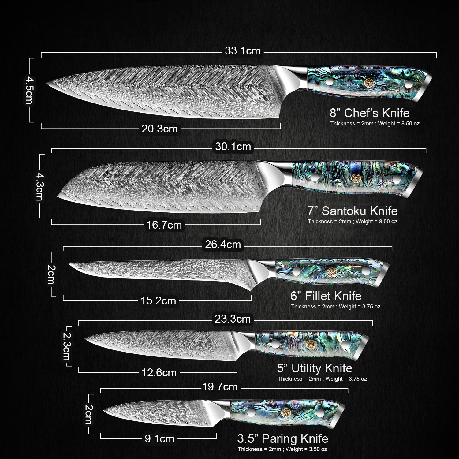 Senken Knives 5-Piece Damascus Steel Kitchen Knife Set - Umi Collection ...
