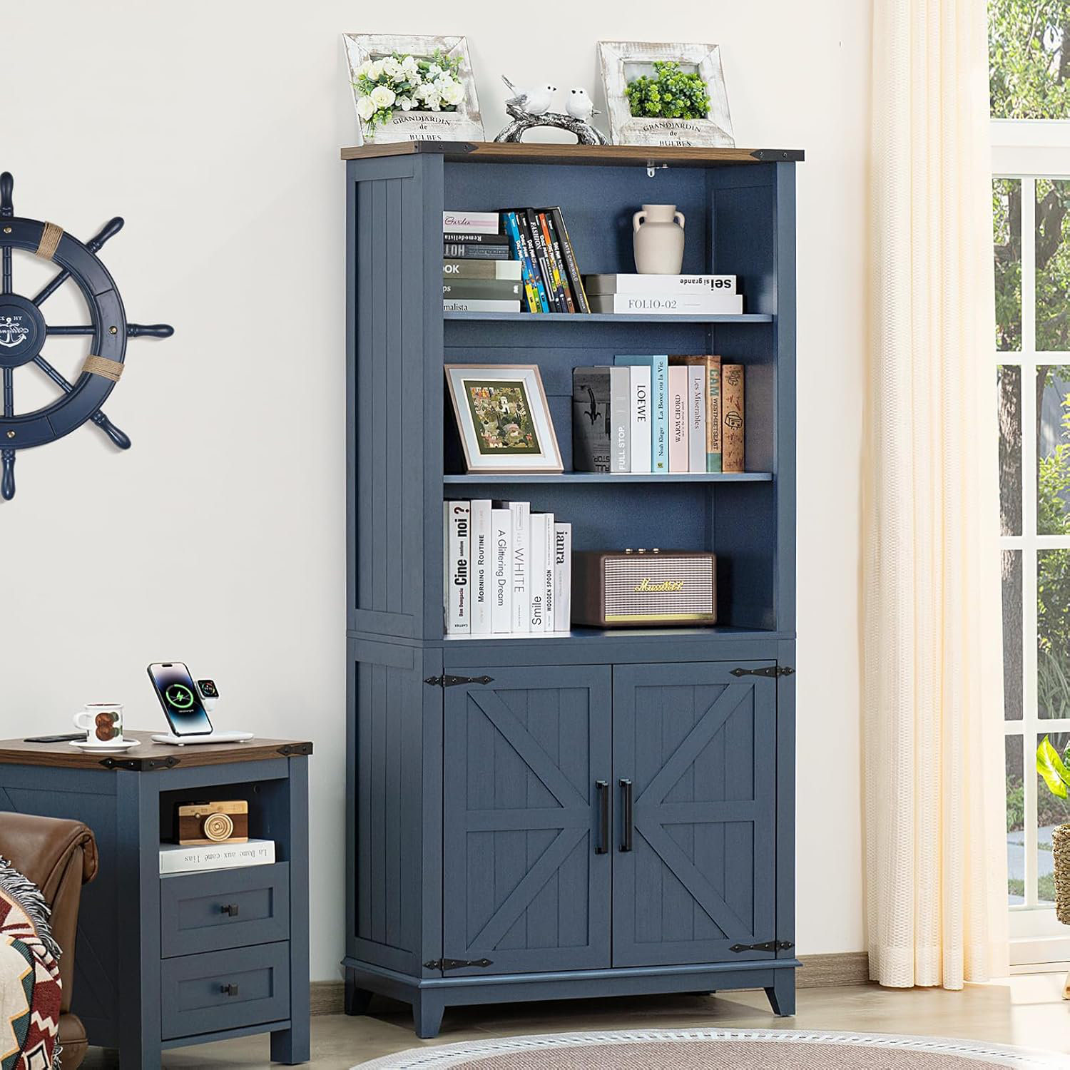Gracie Oaks 70in Tall Bookshelf 5 Tier Bookcase with Barn Doors and ...