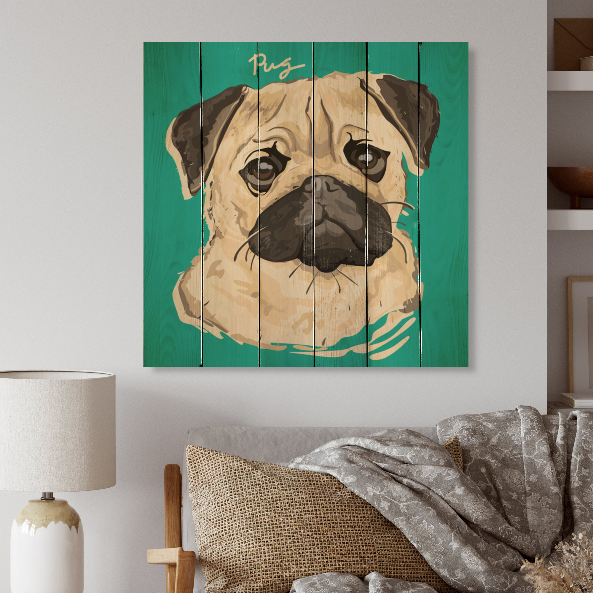 Trinx Cartoon Pug Painting - Traditional Print on Wood | Wayfair