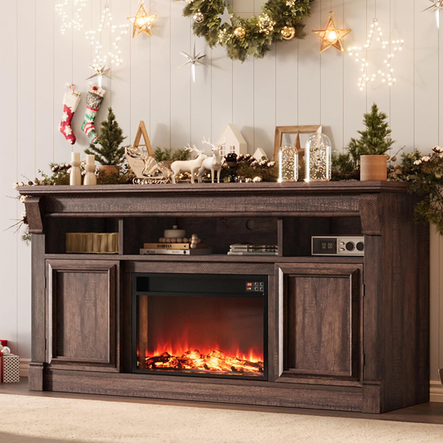 Ebern Designs 68" Farmhouse TV Stand for TVs up to 75", Rustic Wood ...