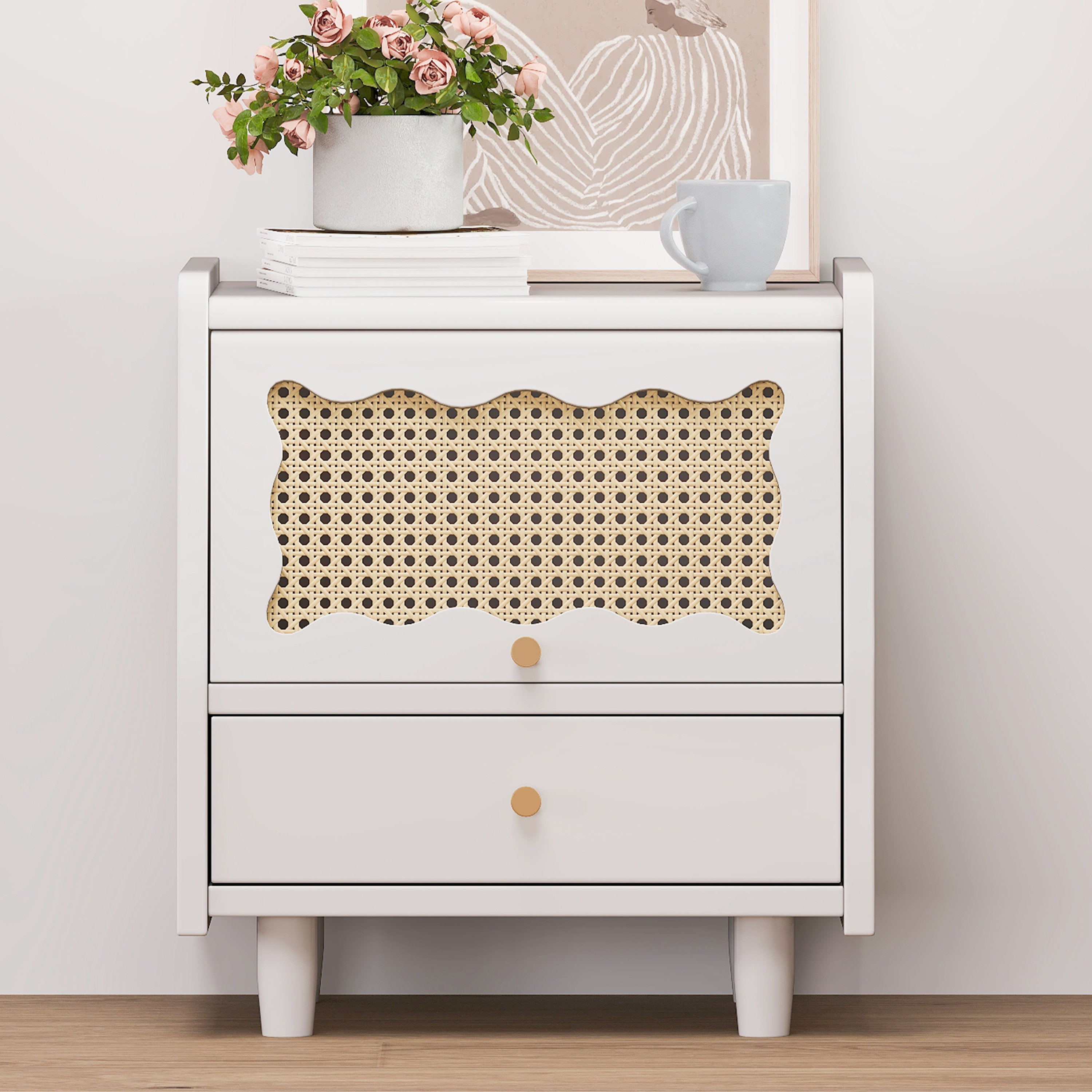 Highland Dunes Wooden Nightstand with Rattan Storage Cabinet & 1 Drawer, White Bedroom Furniture ...