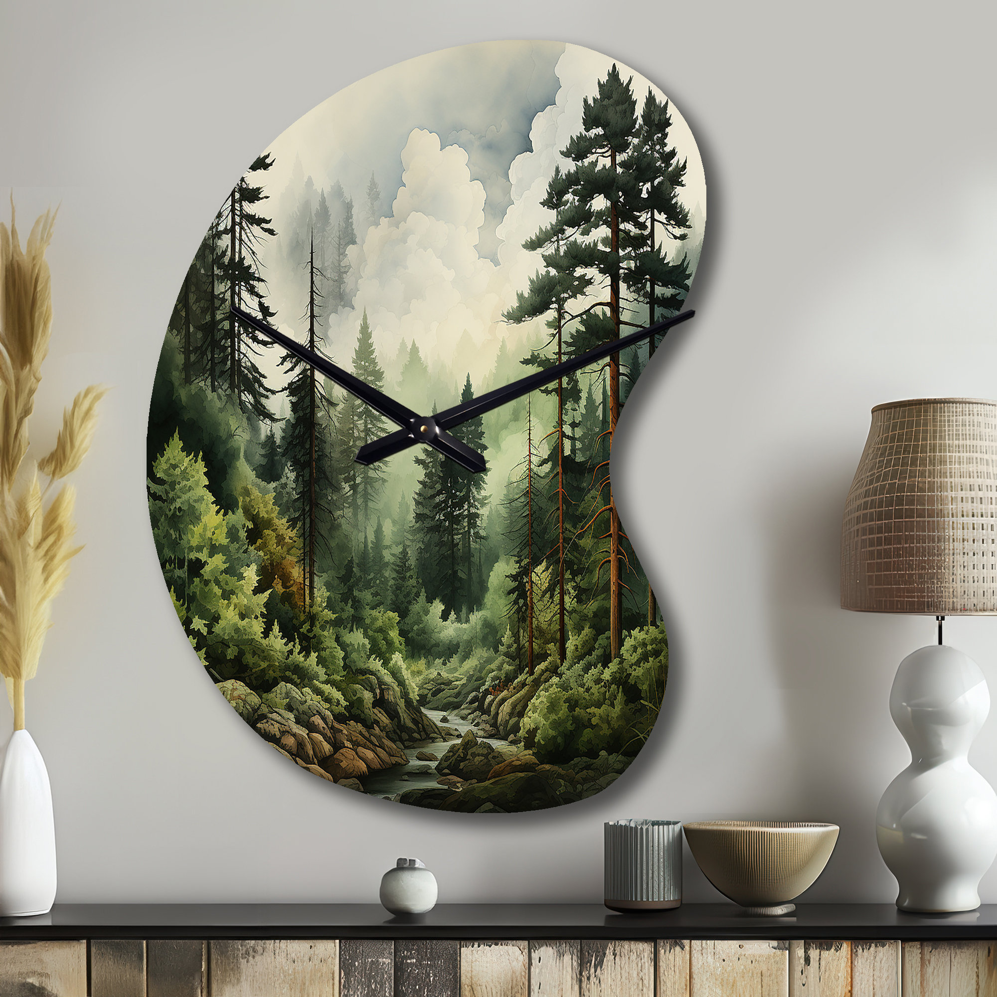 Design Art Pine Tree Forest - Boom Shape Unique Tree Pine Wall Clock | Wayfair