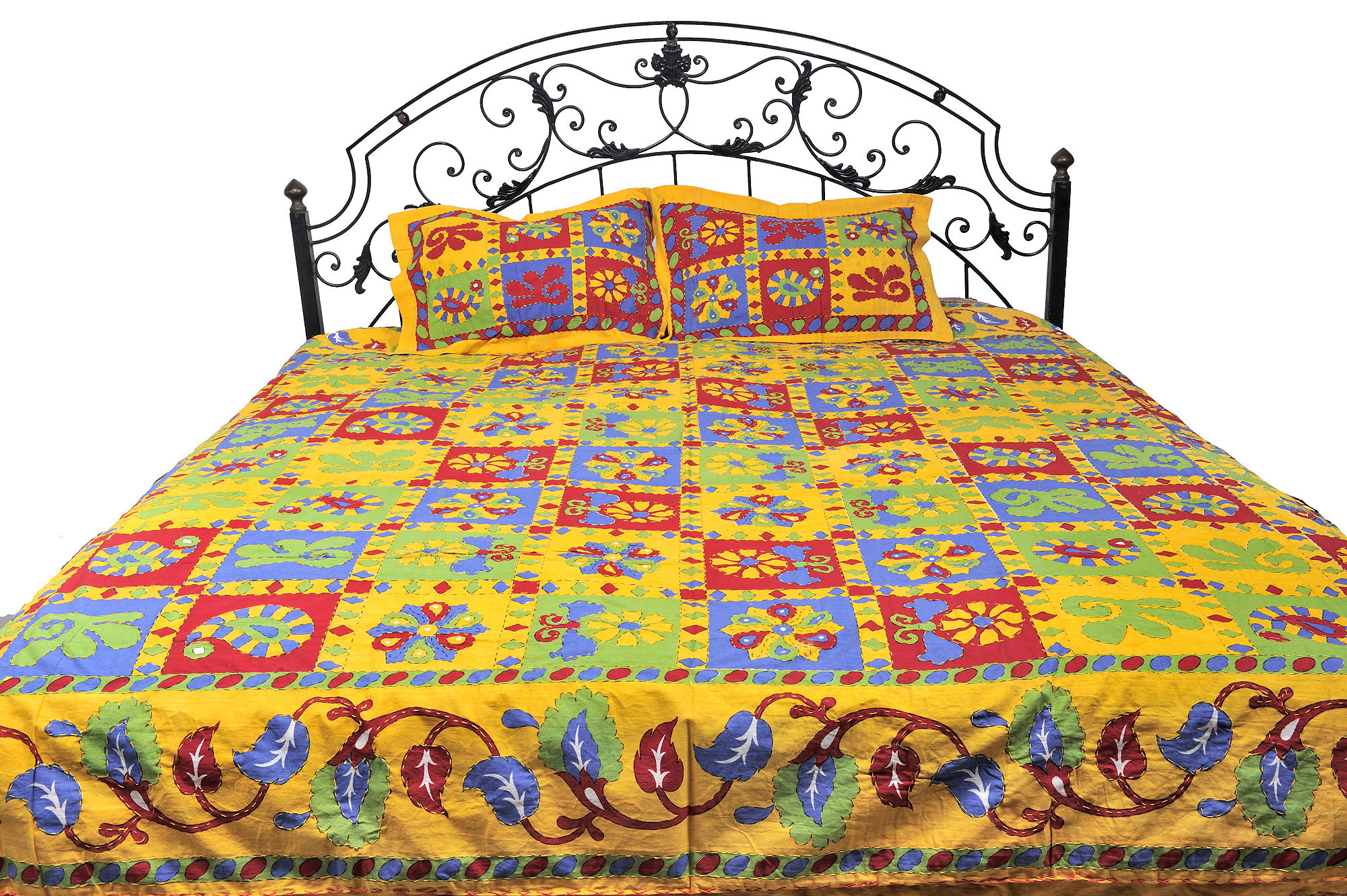 Exotic India Freesia-Yellow Sanganeri Bedspread With Printed Flowers ...