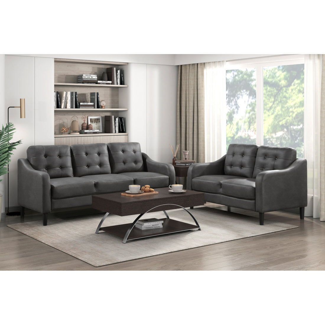 Lark Manor Modern Sofa 2Pc Sofa Set Microfiber Upholstered Sofa Loveseat Set Button-Tufted ...
