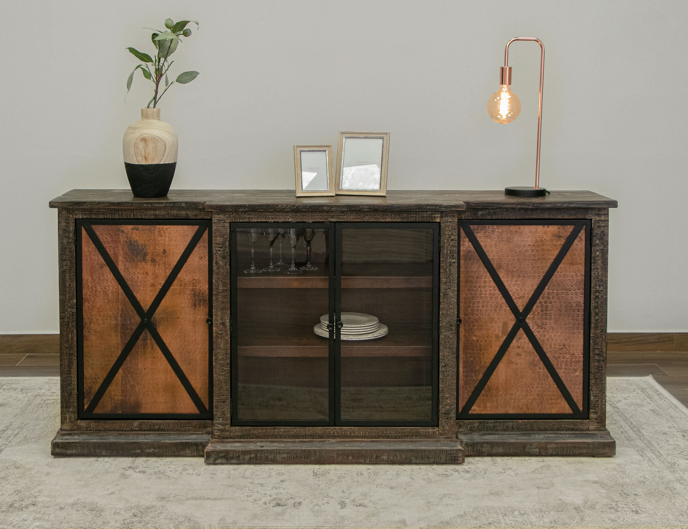 Rosalind Wheeler Briet 78 Inch Sideboard Console, 2 Acrylic, 2 Copper ...