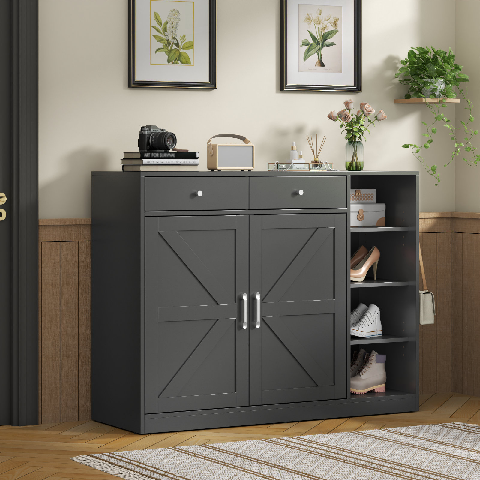 Gracie Oaks 5-tier Shoe Cabinet With 4 Side Cubbies, Farmhouse Shoe ...