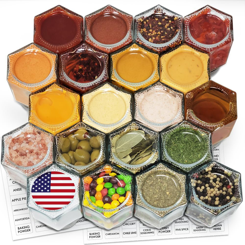 BEFIHO 20 Set Magnetic Spice Jars Large 4 Oz Refrigerator Hexagon Glass ...