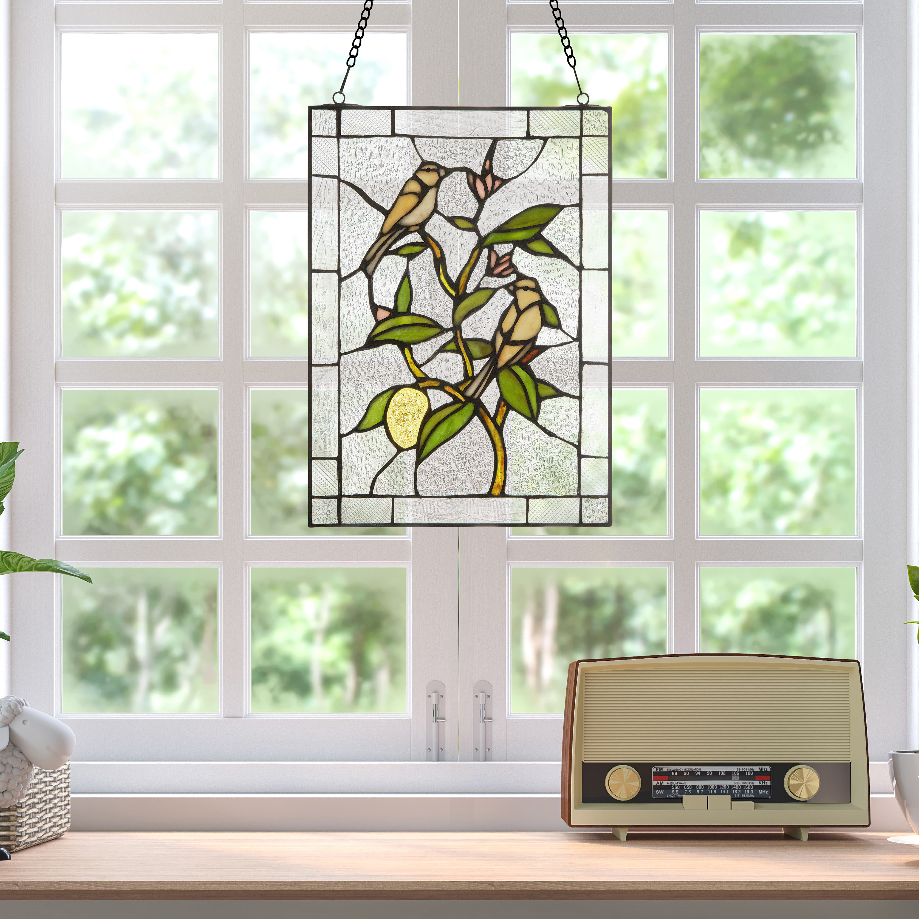 Lark Manor 14"H Birds In A Lemon Tree Stained Glass Decorative Window ...